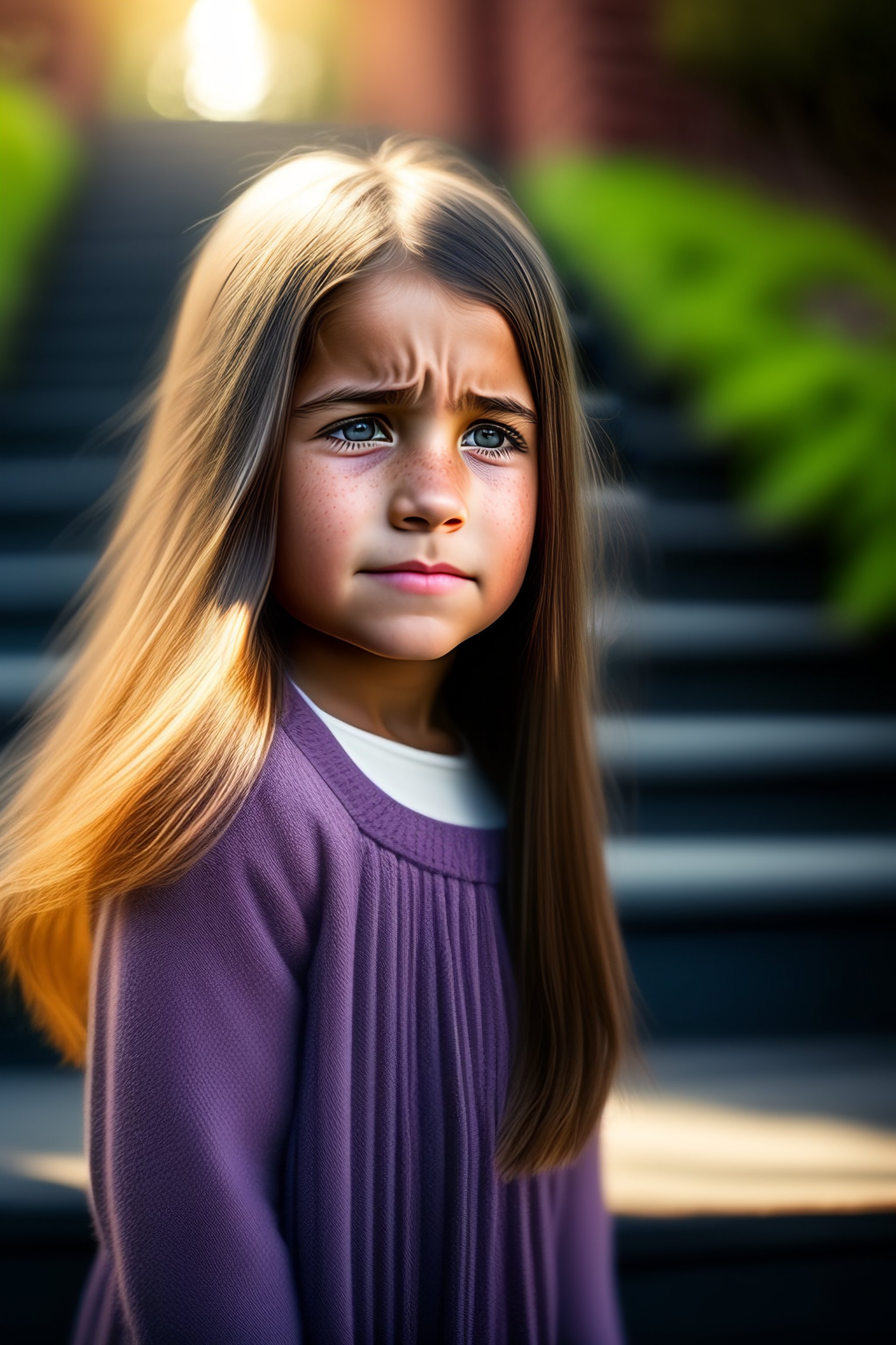 Lexica - Orphan girl crying on outside steps. Long straight hair.