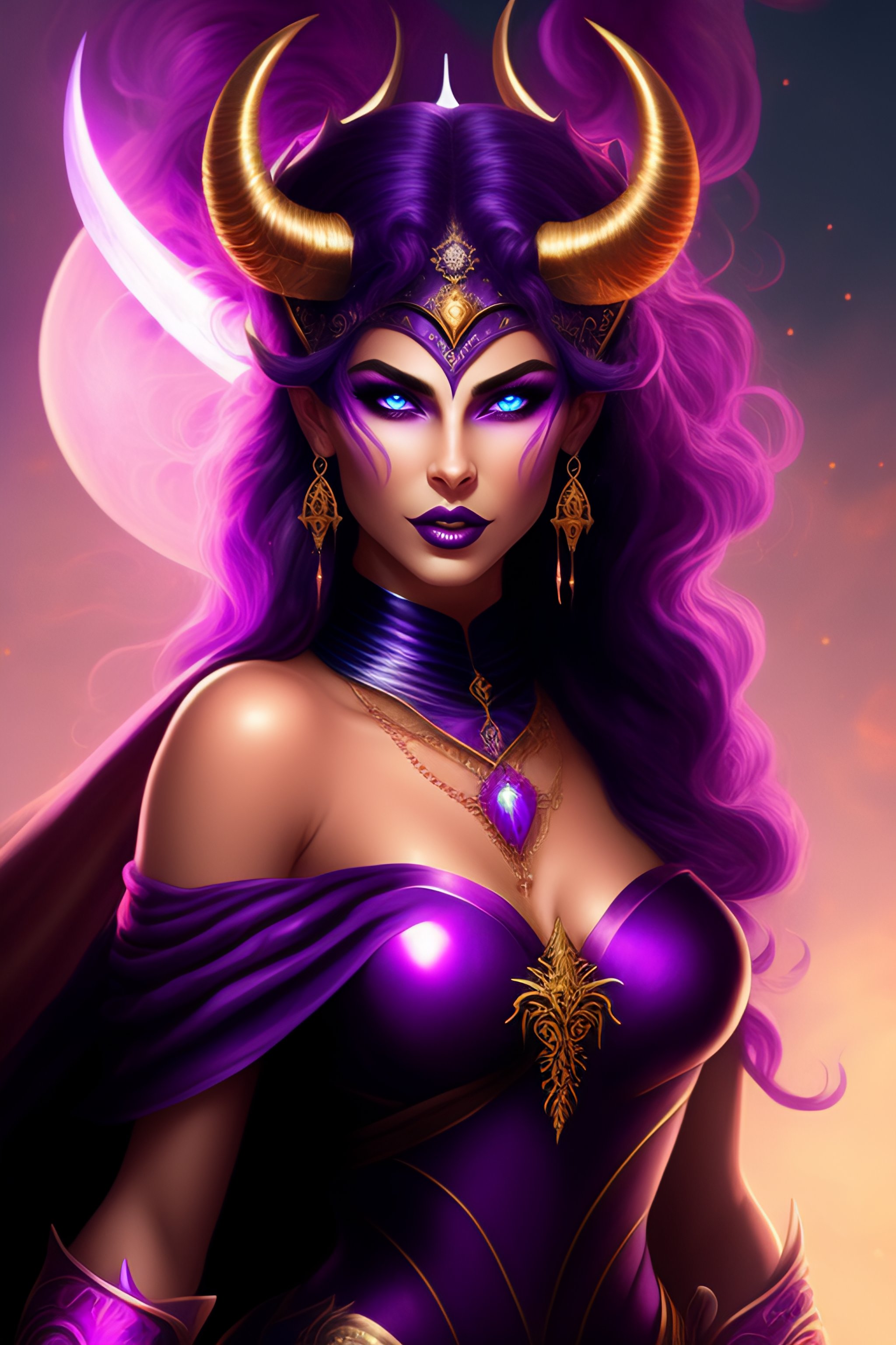 Lexica - Devil purple tiefling woman purple skin dark black hair ocean blue eyes sorcerer ...