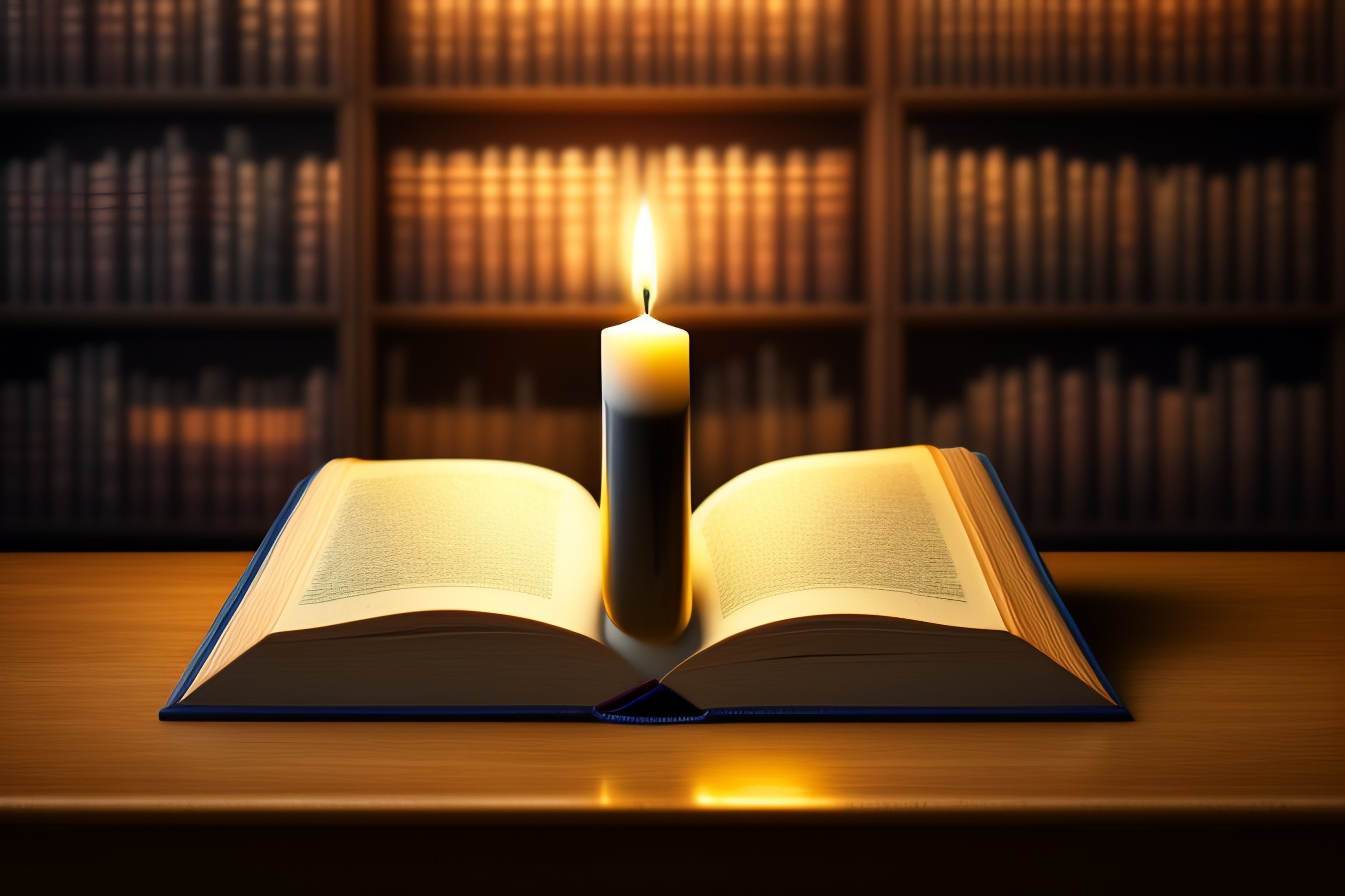 Lexica - Open book with candles on a pedestal inside a huge library