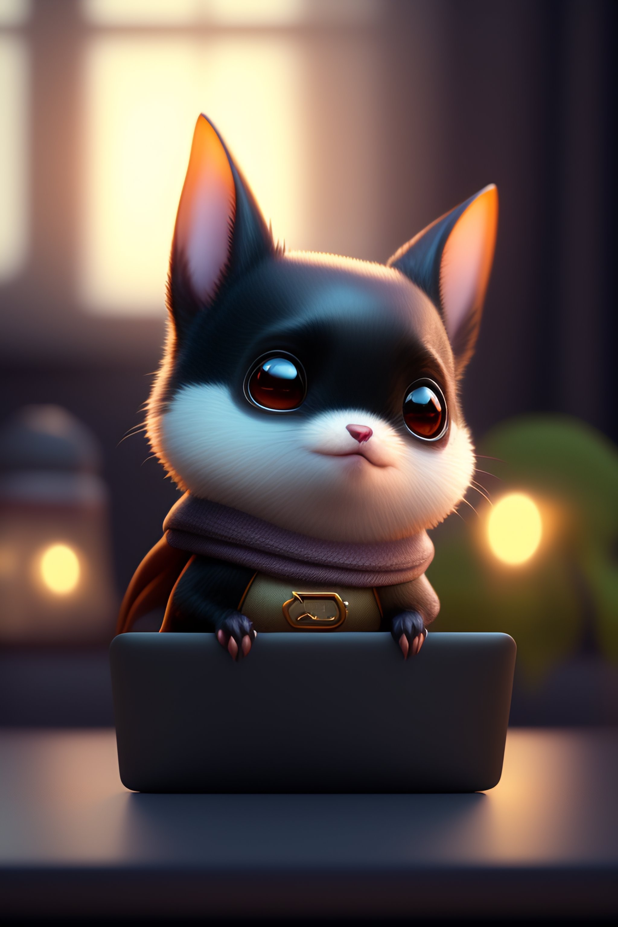 Lexica - Cute small humanoid bat sitting in front of laptop ,unreal ...