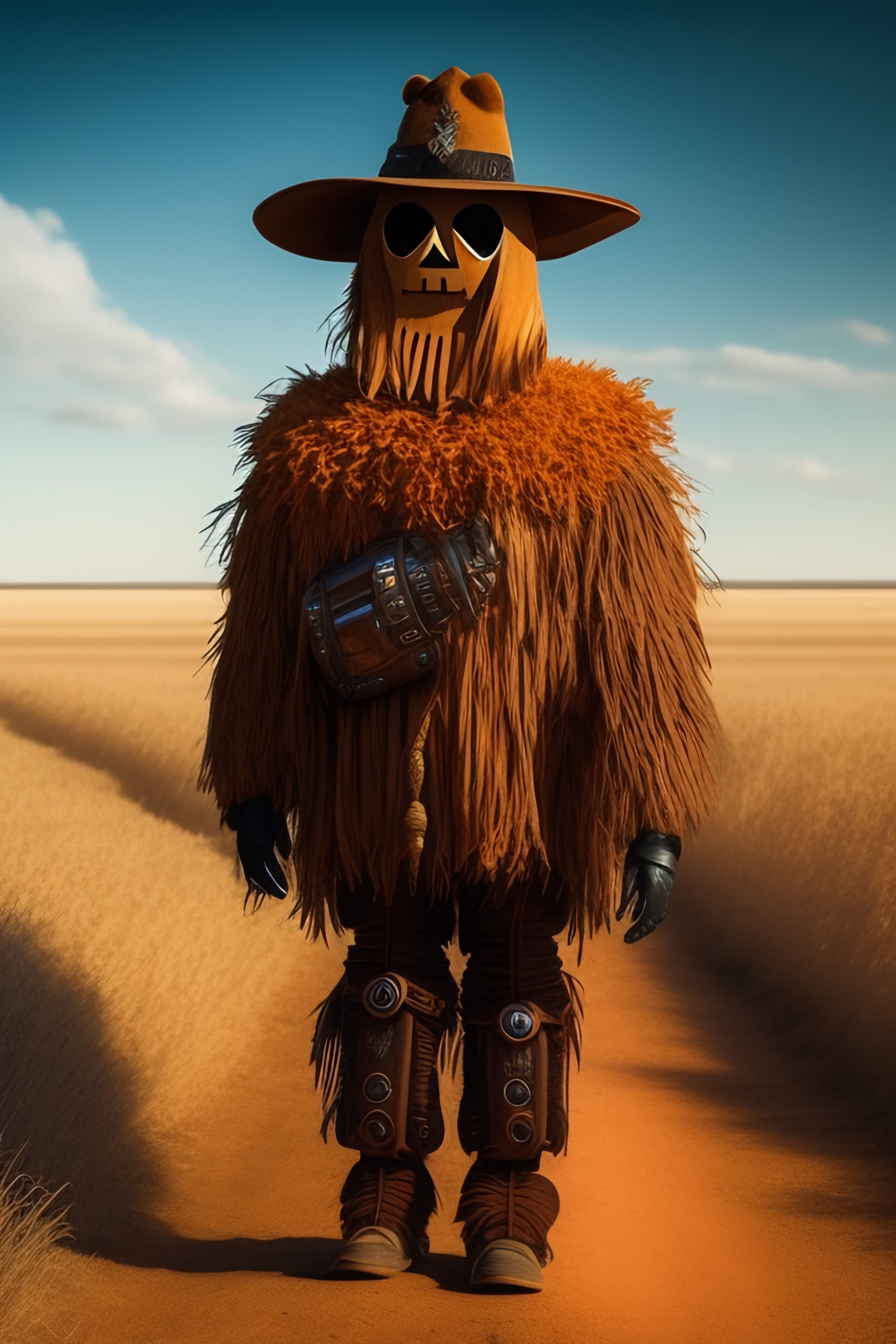 Lexica - A robot dressed like a scarecrow, movie like style