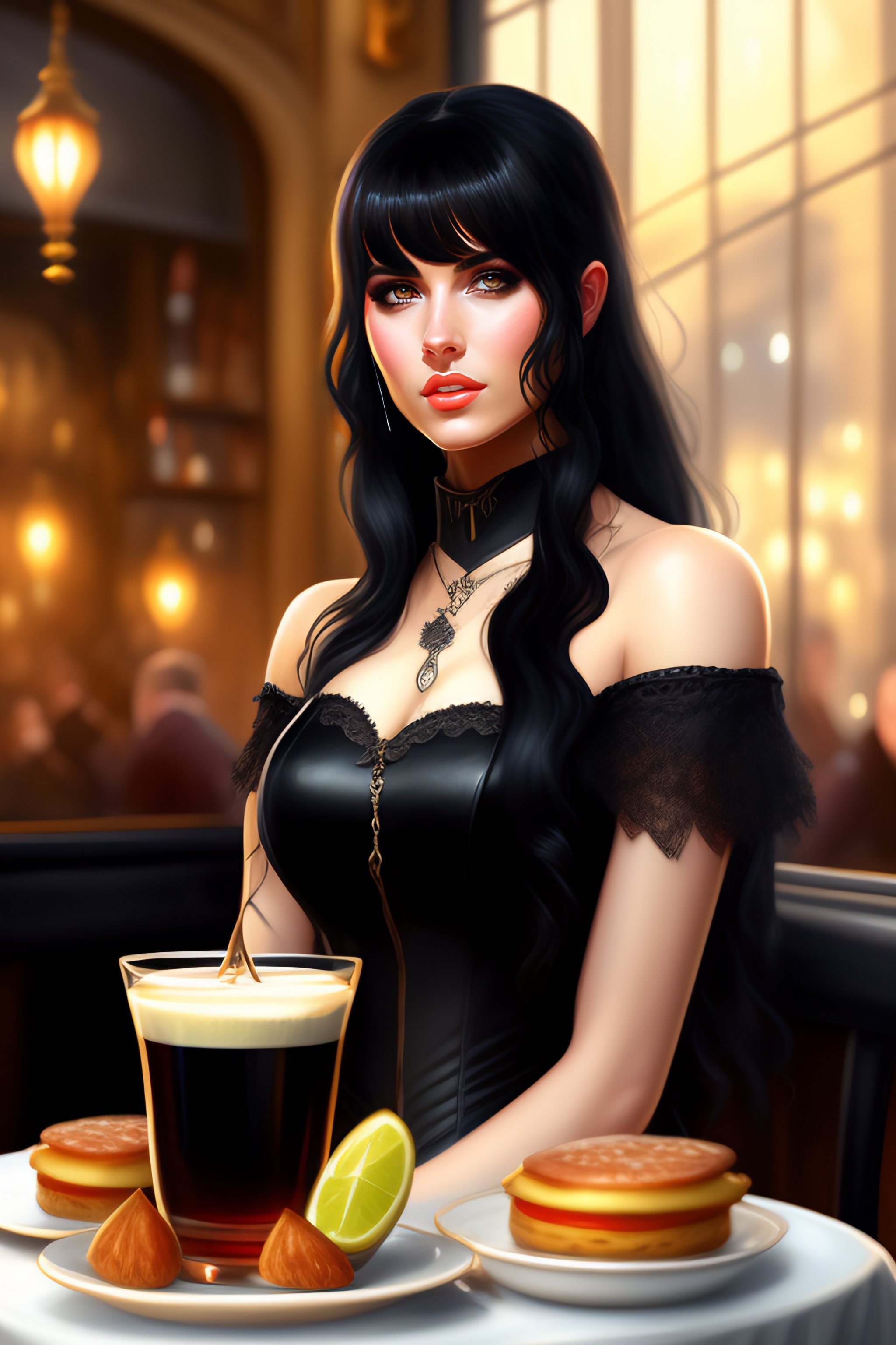 Lexica - Gothic girl, fully body, black hair, bangs, horns, in a cafe ...