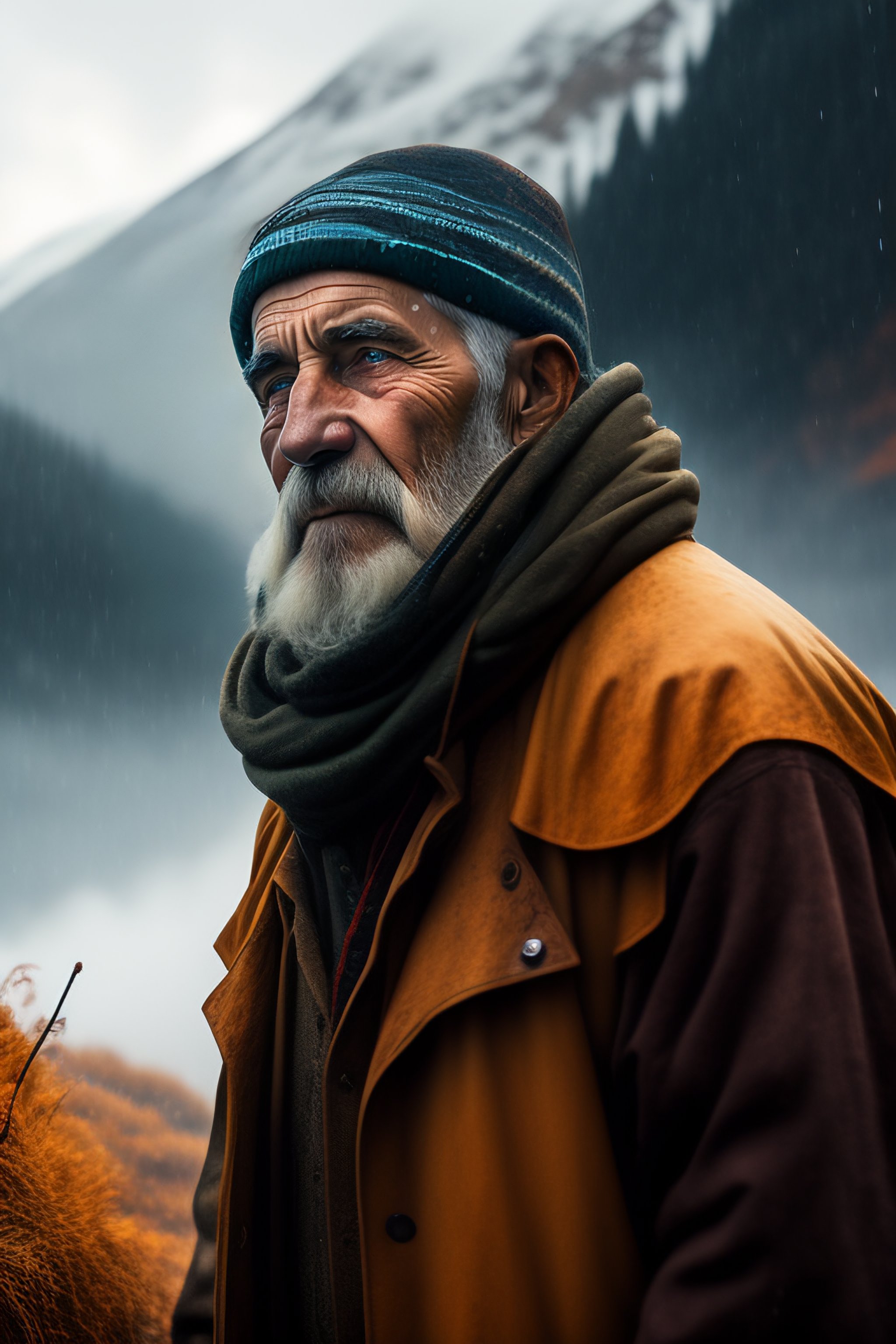 Lexica - Chechen old man shepard in mountains, rainy, autumn, dark details