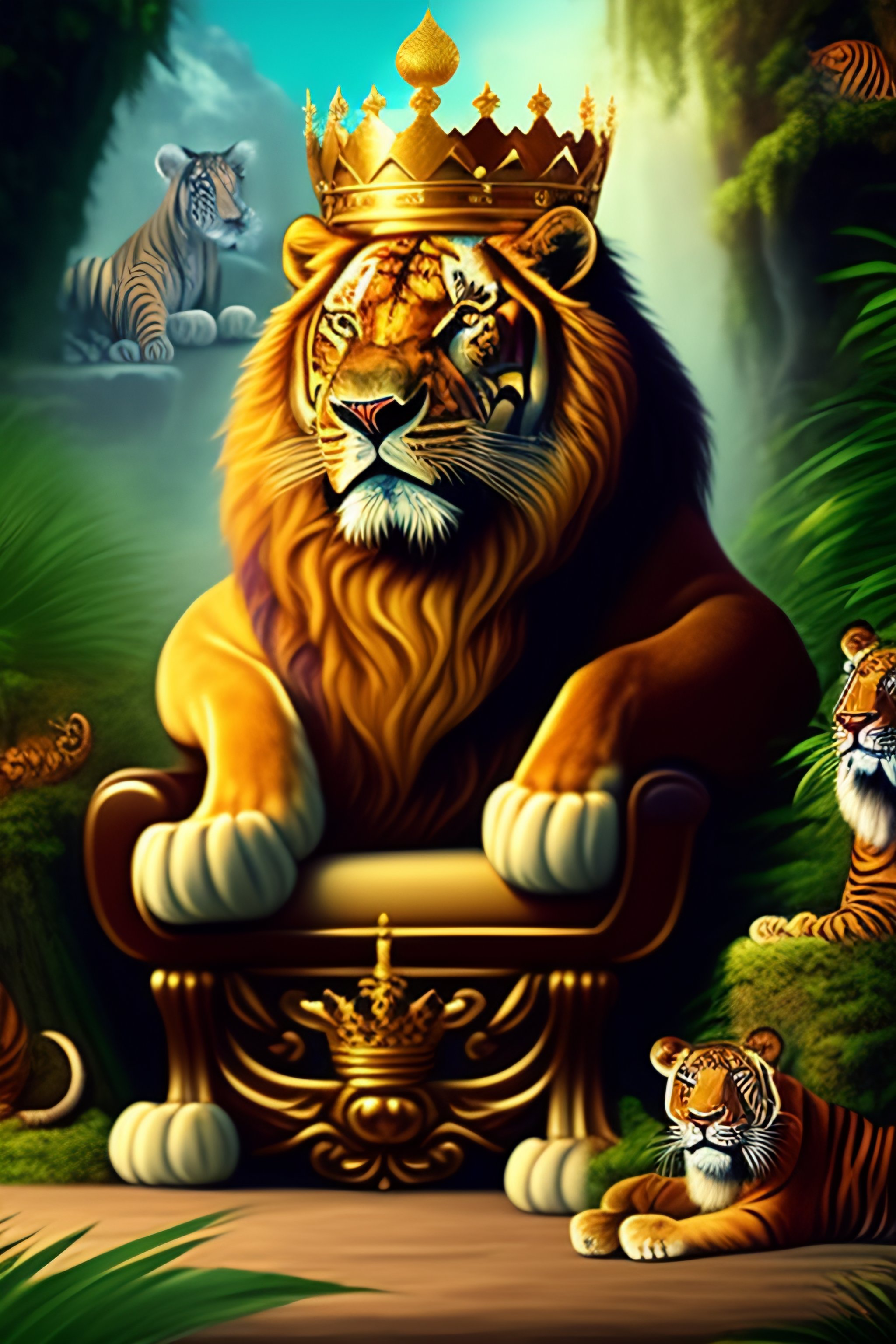 Lexica - King Lion sitting on throne, with crown, in jungle, lions ...