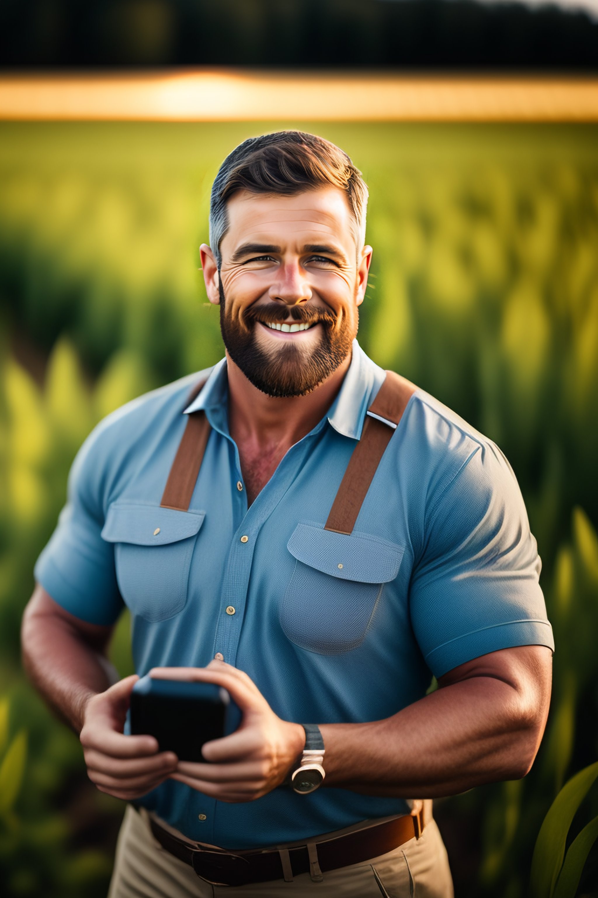 Lexica - Portrait of a masculine farmer using iphone to digiscope in field
