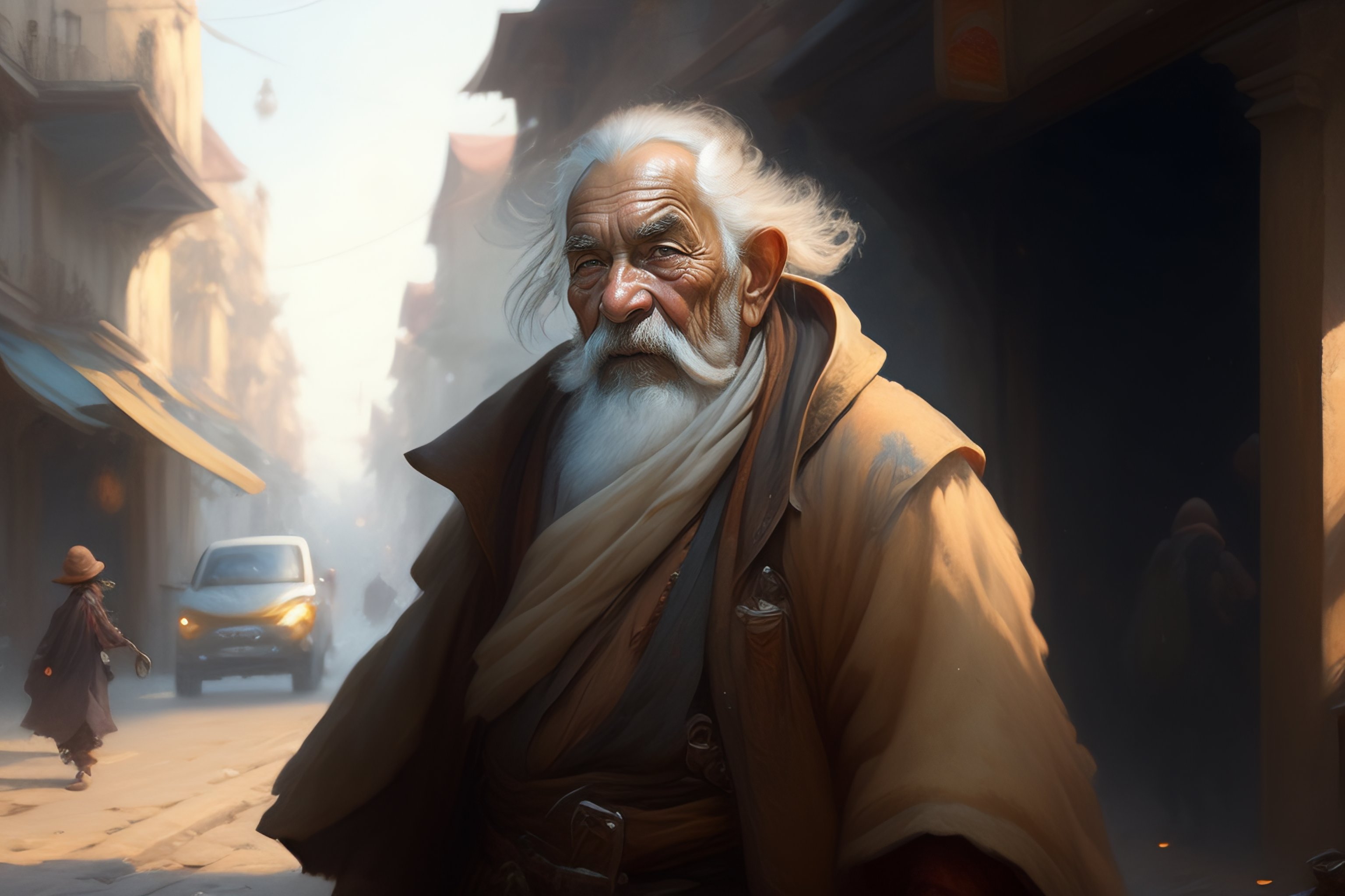 Lexica - An old hawker with messy clothes, austere old wrinkled face ...