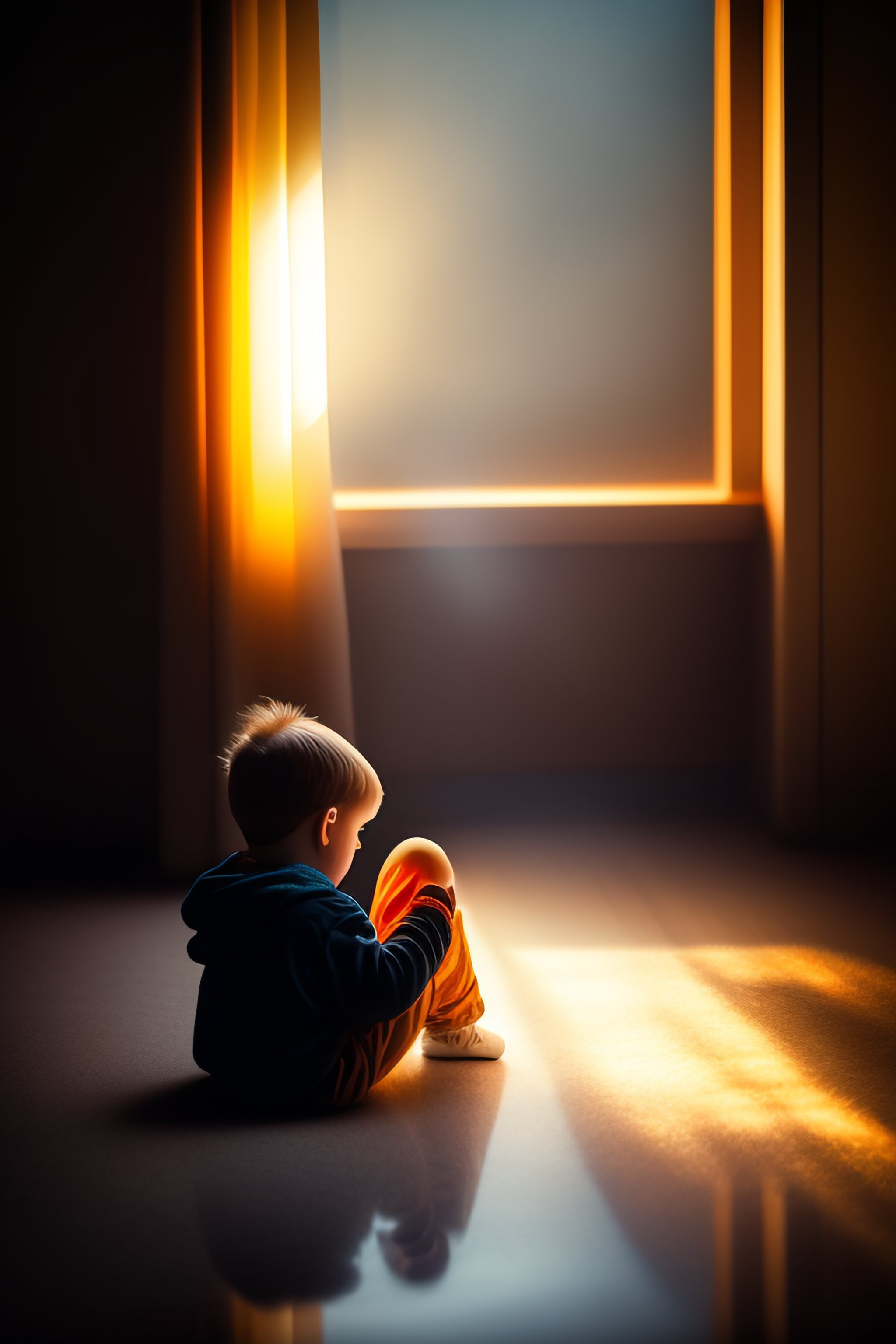 Lexica - A child sitting on the floor of a dimly lit room, illuminated ...