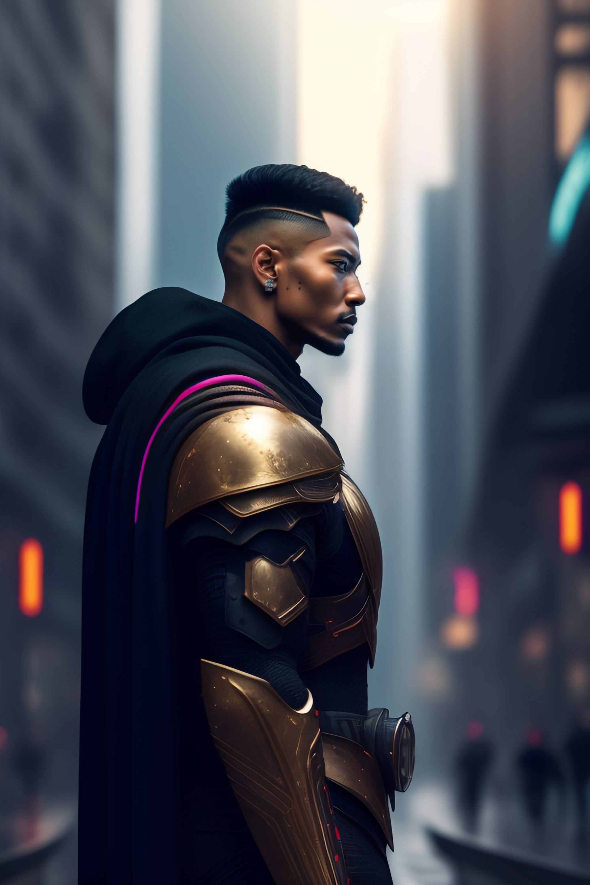 Lexica - Side body,male armour,cyberpunk city,layered intrusive thoughts