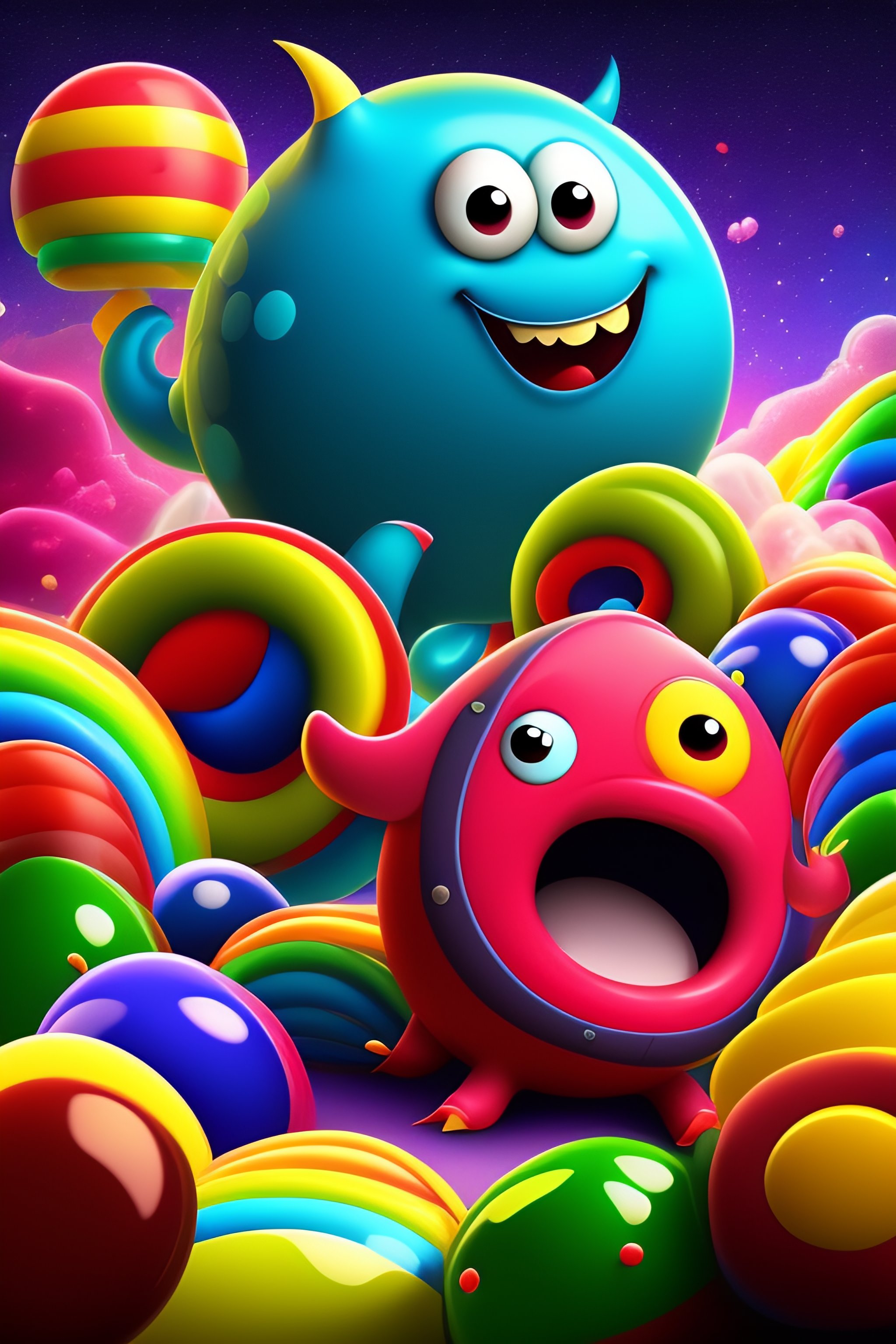 Lexica - Cartoon monsters playing on a candy world