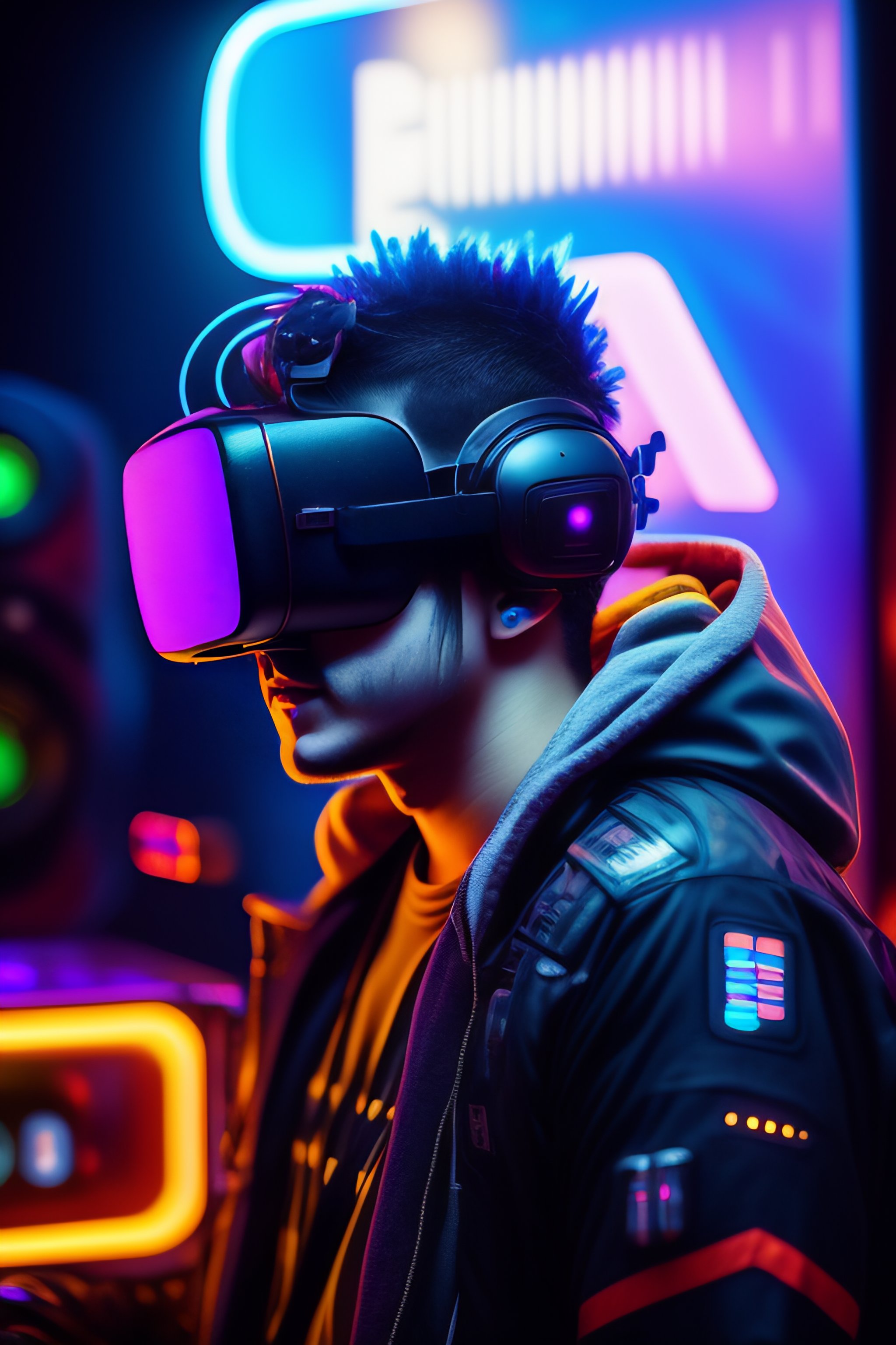 Lexica - A cyberpunk Gamer wearing VR headset floating out of gaming ...