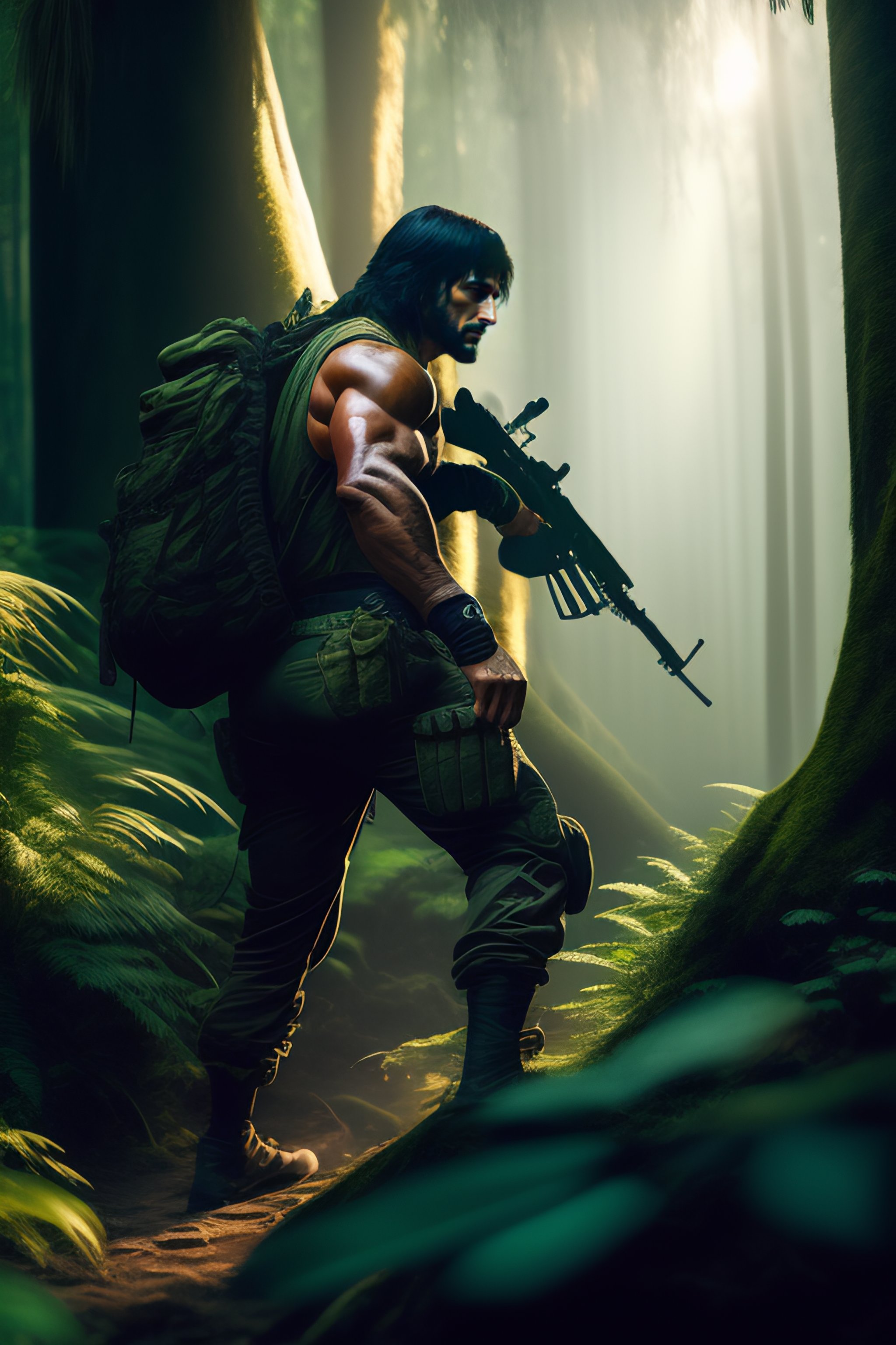 Lexica - Action shot of john rambo in a jungle, cinematic lighting ...