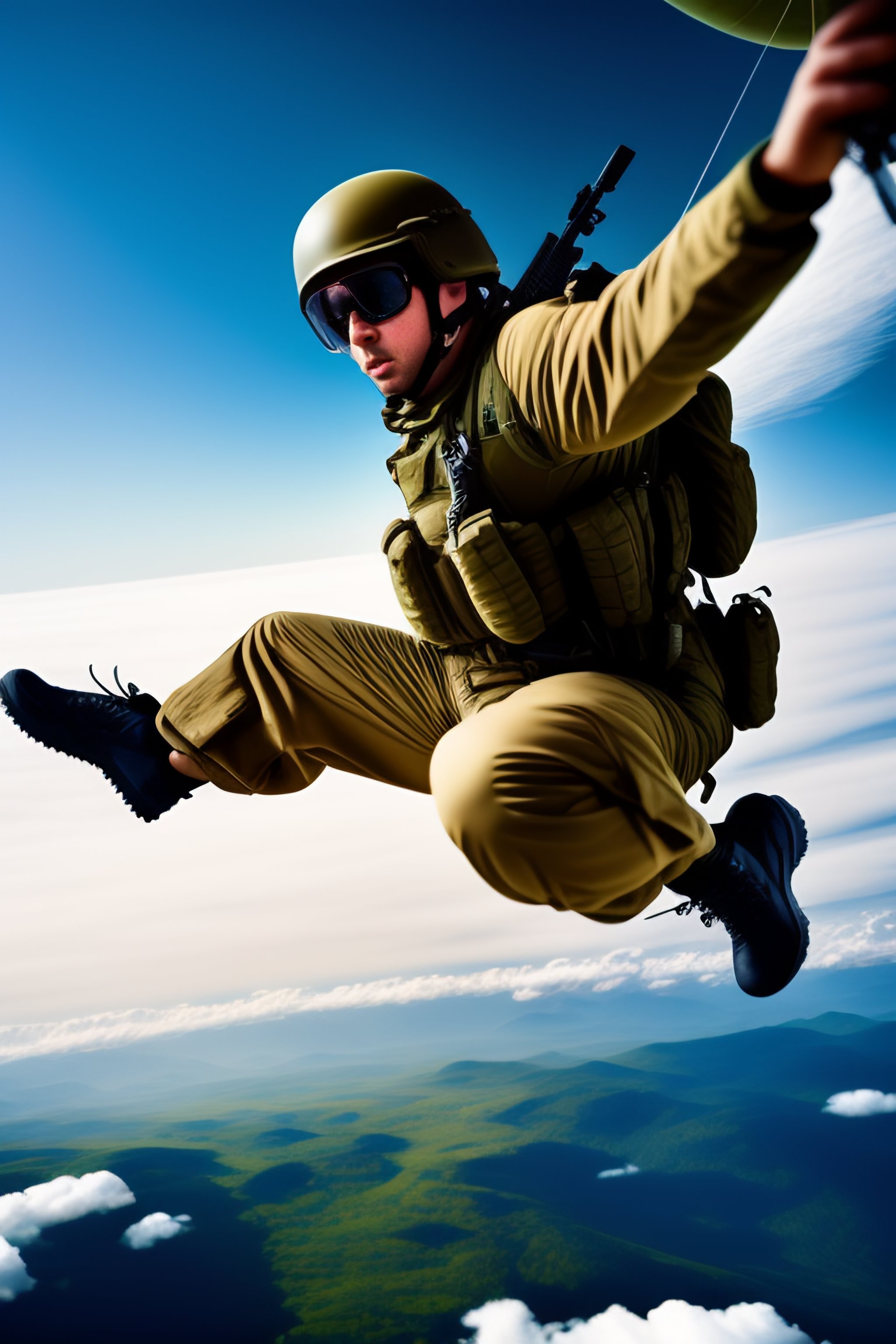Lexica - Picture of paratrooper jumping from airplane holding gun