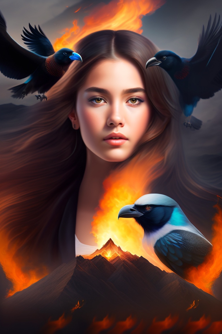 Lexica - Super realistic portrait of a girl on fire, crows flying around