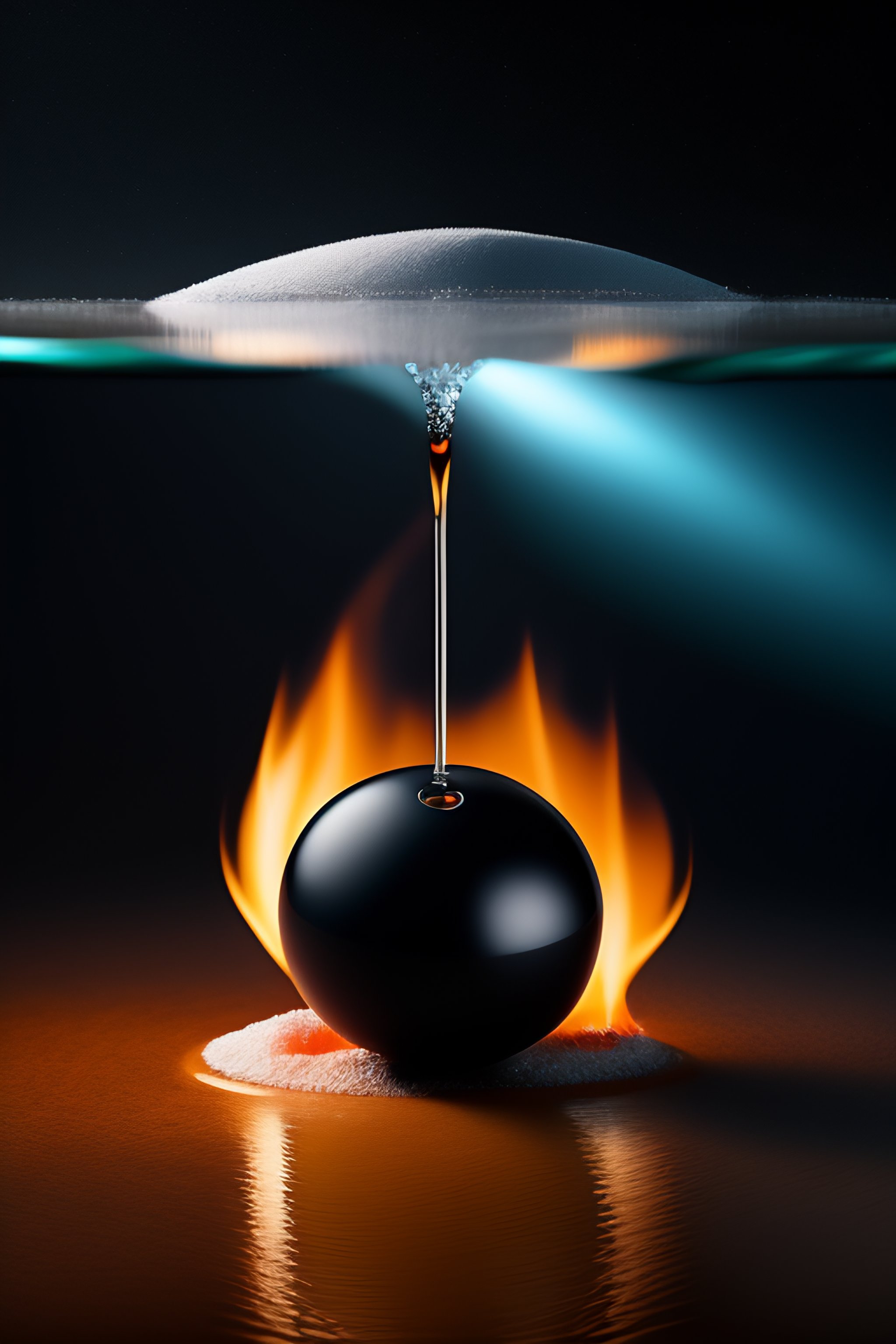 Lexica - Eight ball made in water, black, number 8 on fire in the middle