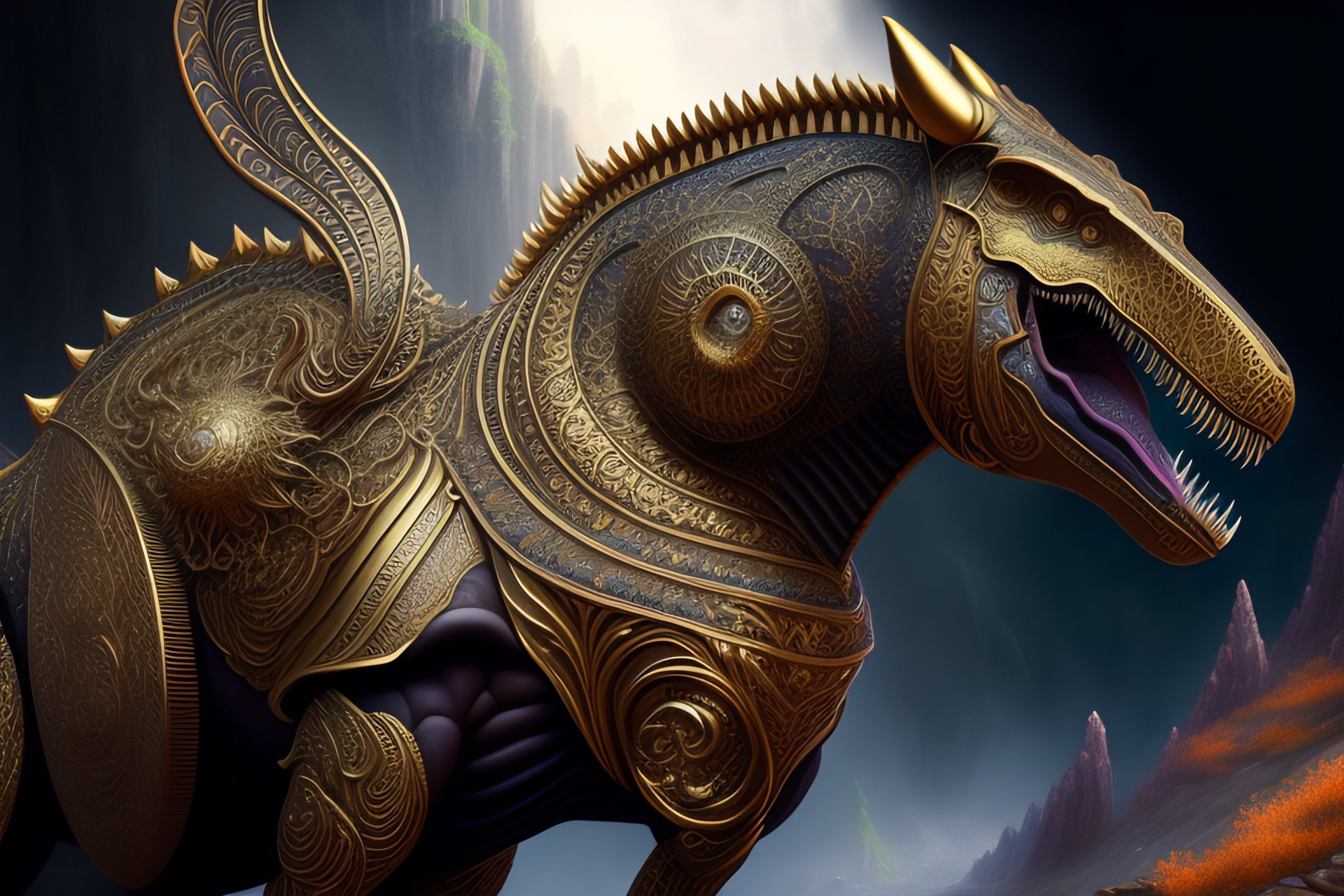 Lexica - A beautiful esoteric style rendition of one t-rex with armor ...