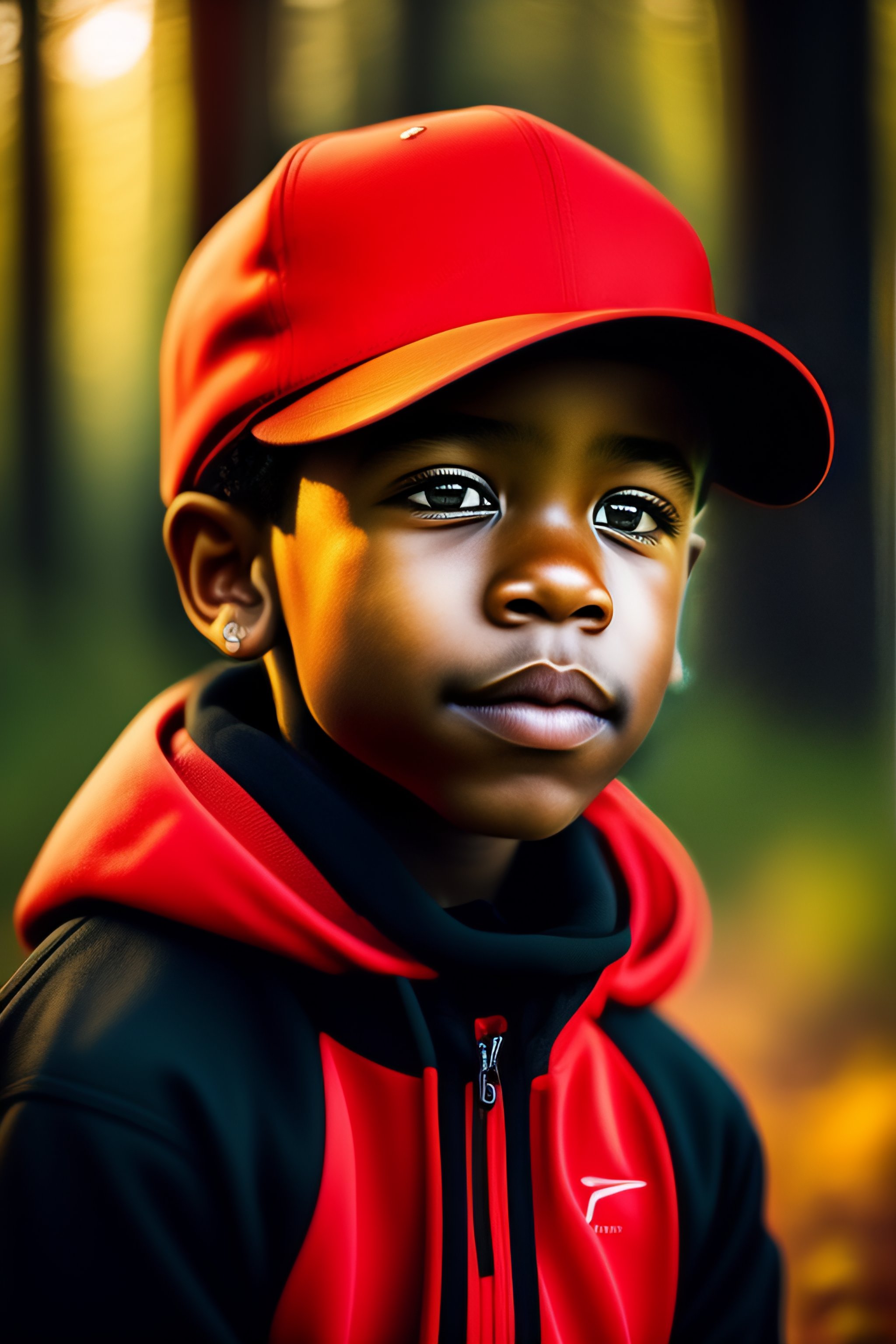 Lexica - Portrait, without a leg, black boy, red cap, forest, realistic