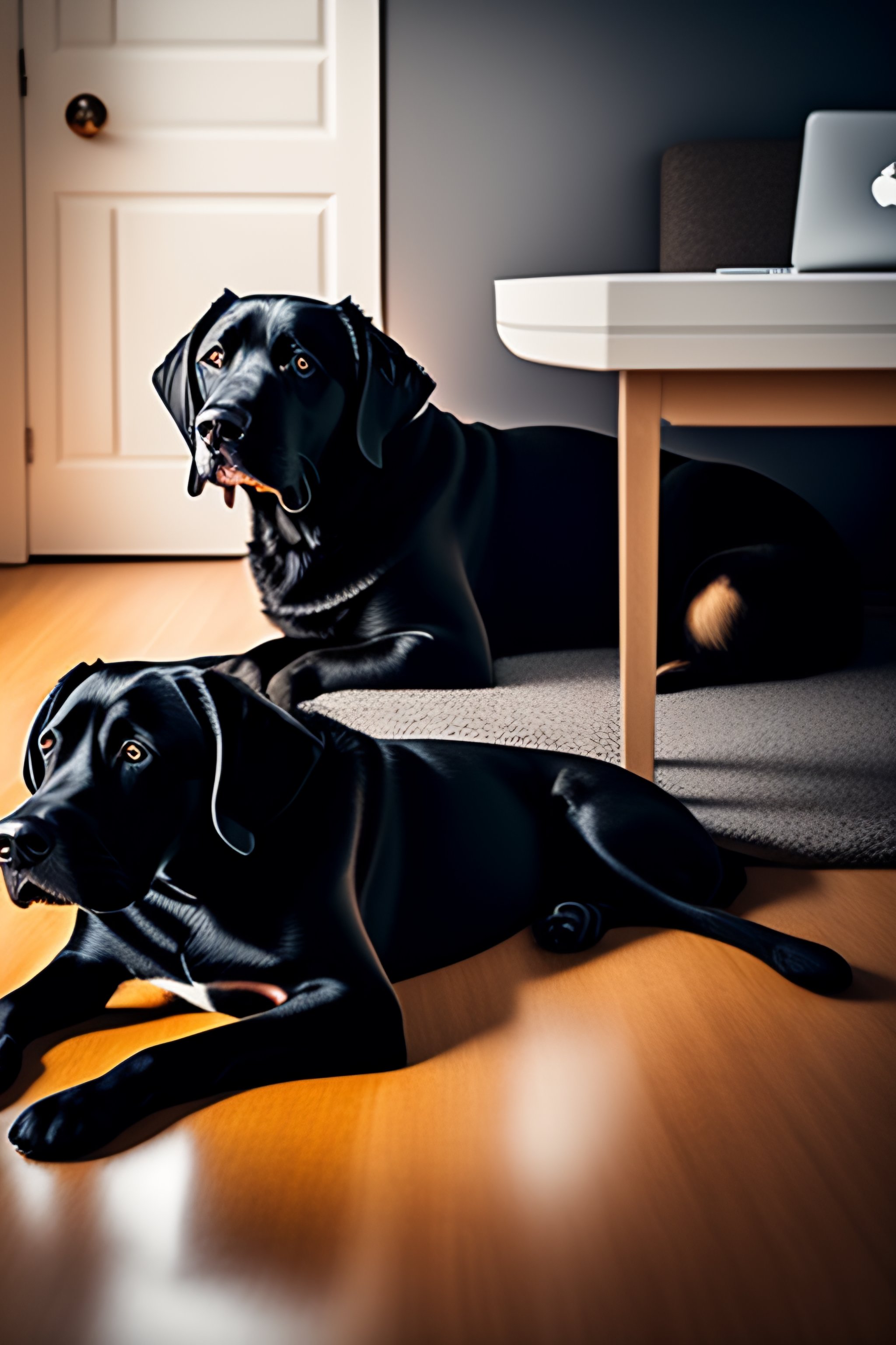 Lexica - 1 female black lab, laying on the floor next to a man sitting ...