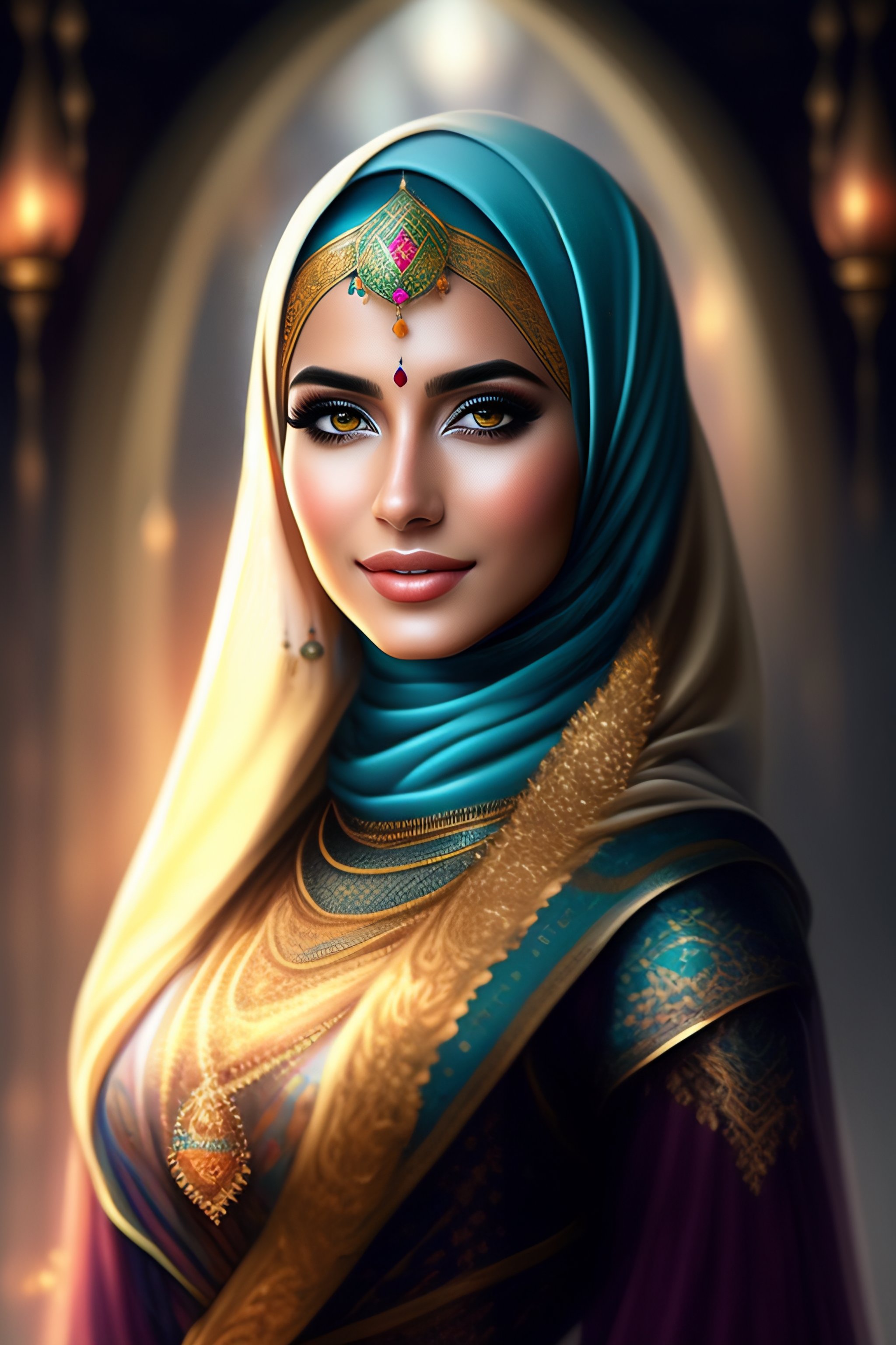 Lexica - Cute gorgeous hijab girl in fantasy world settings wear mage outfit