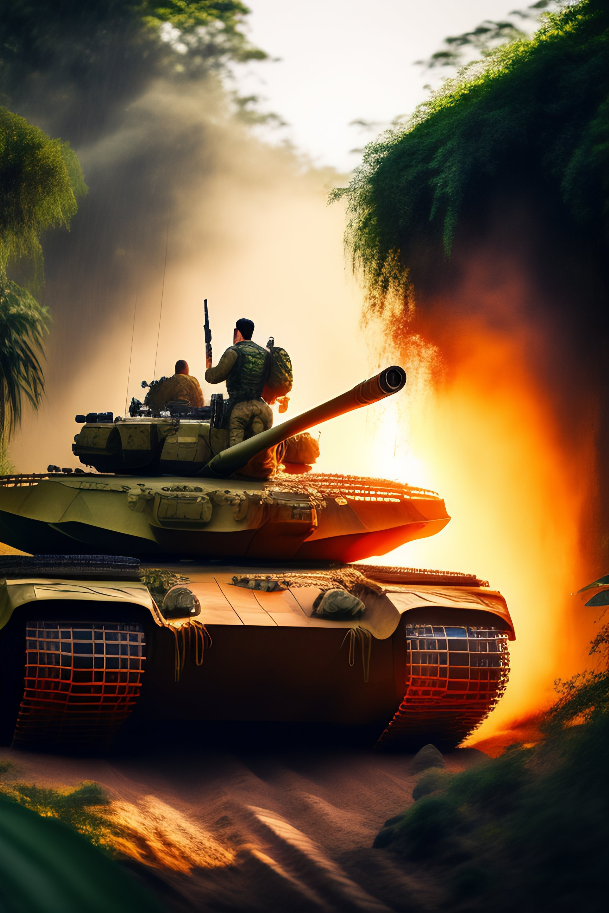 Lexica - Action shot of john rambo on a tank in a jungle, cinematic ...