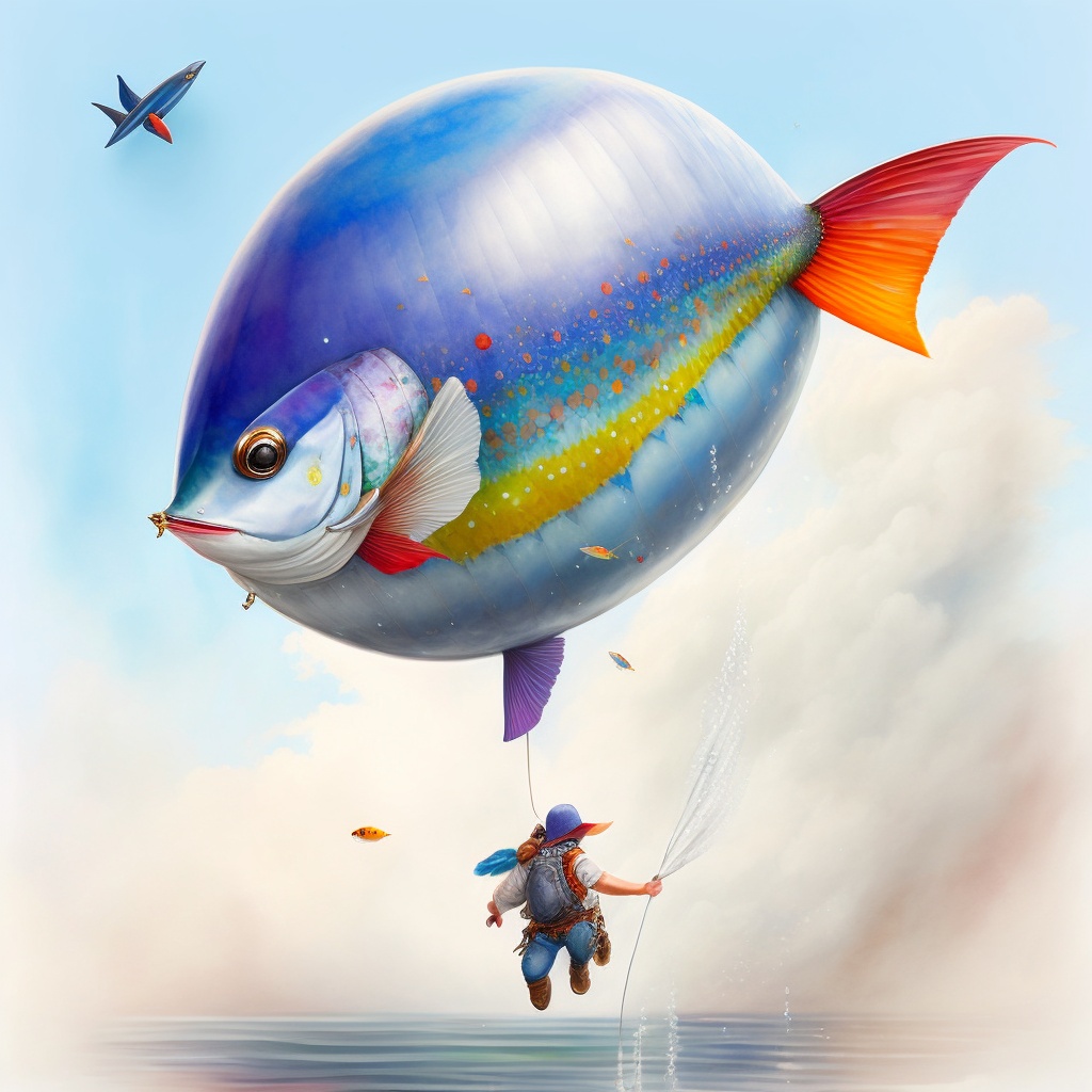 Lexica - White background, flying fish with a zeppeling balloon lifting the fish, “Full-length ...