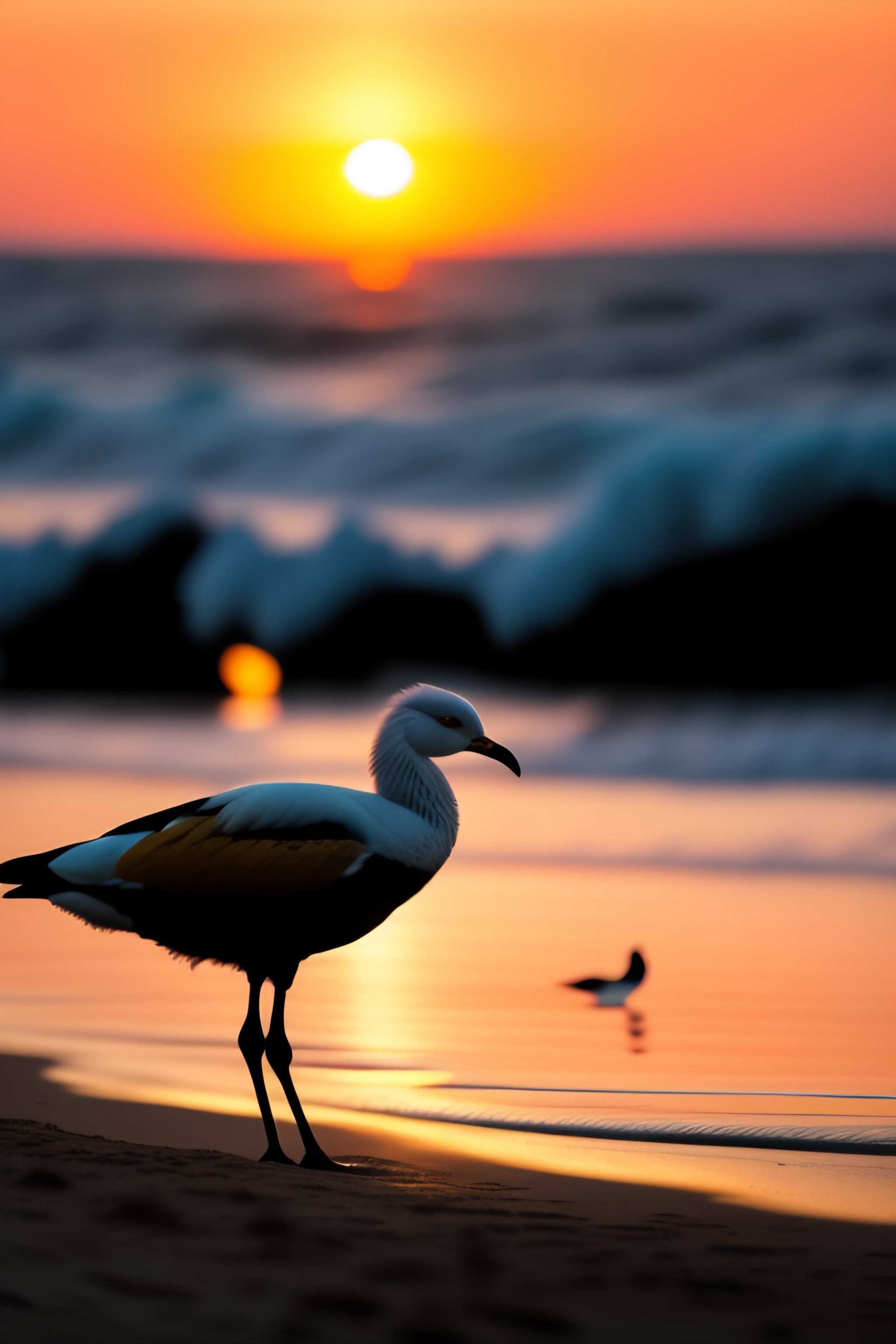 Lexica - Chica hermosa en la playa en un atardecer con aves en el cielo