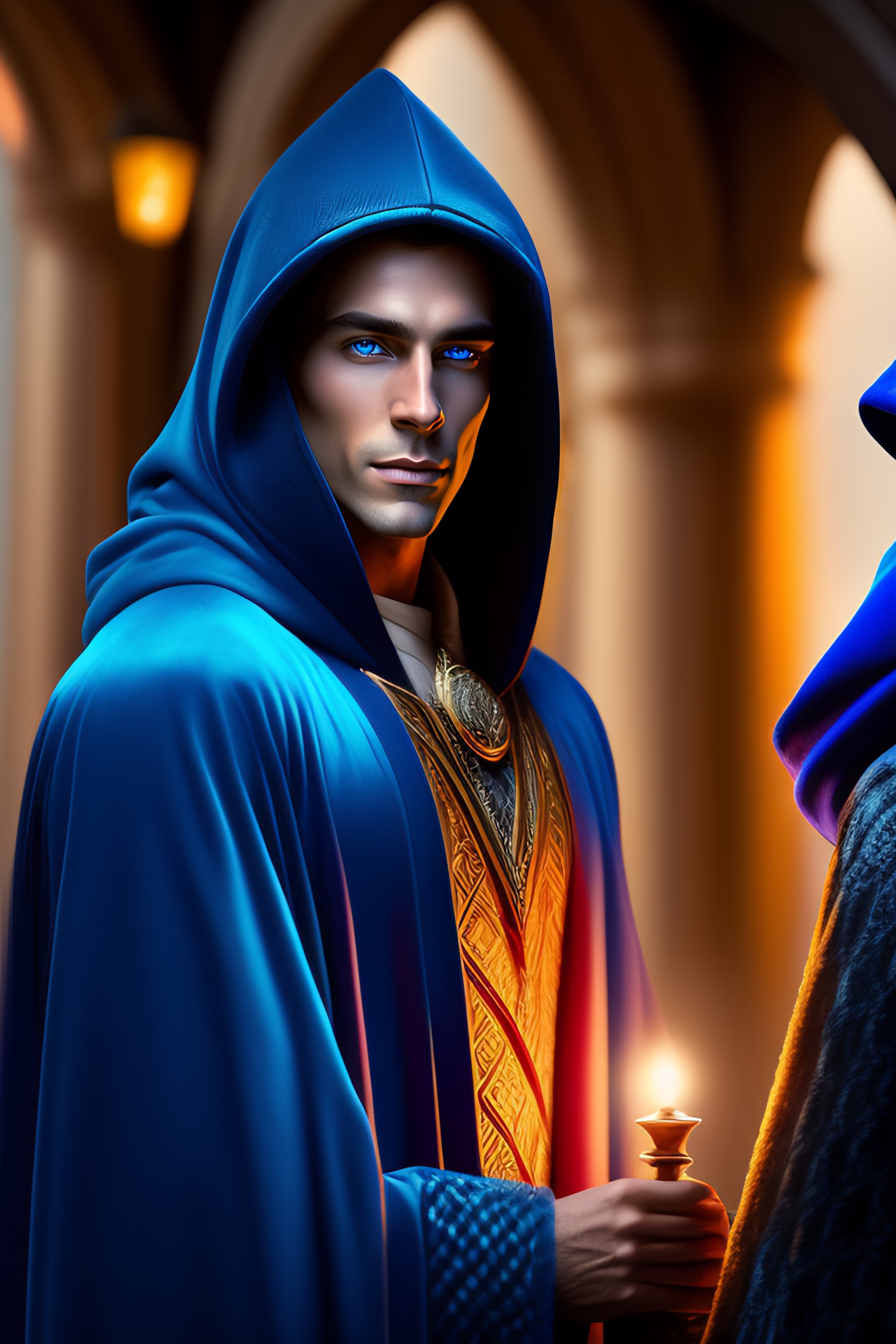 Lexica - 32 age old beardless male wizard with blue robe and hoodie ...