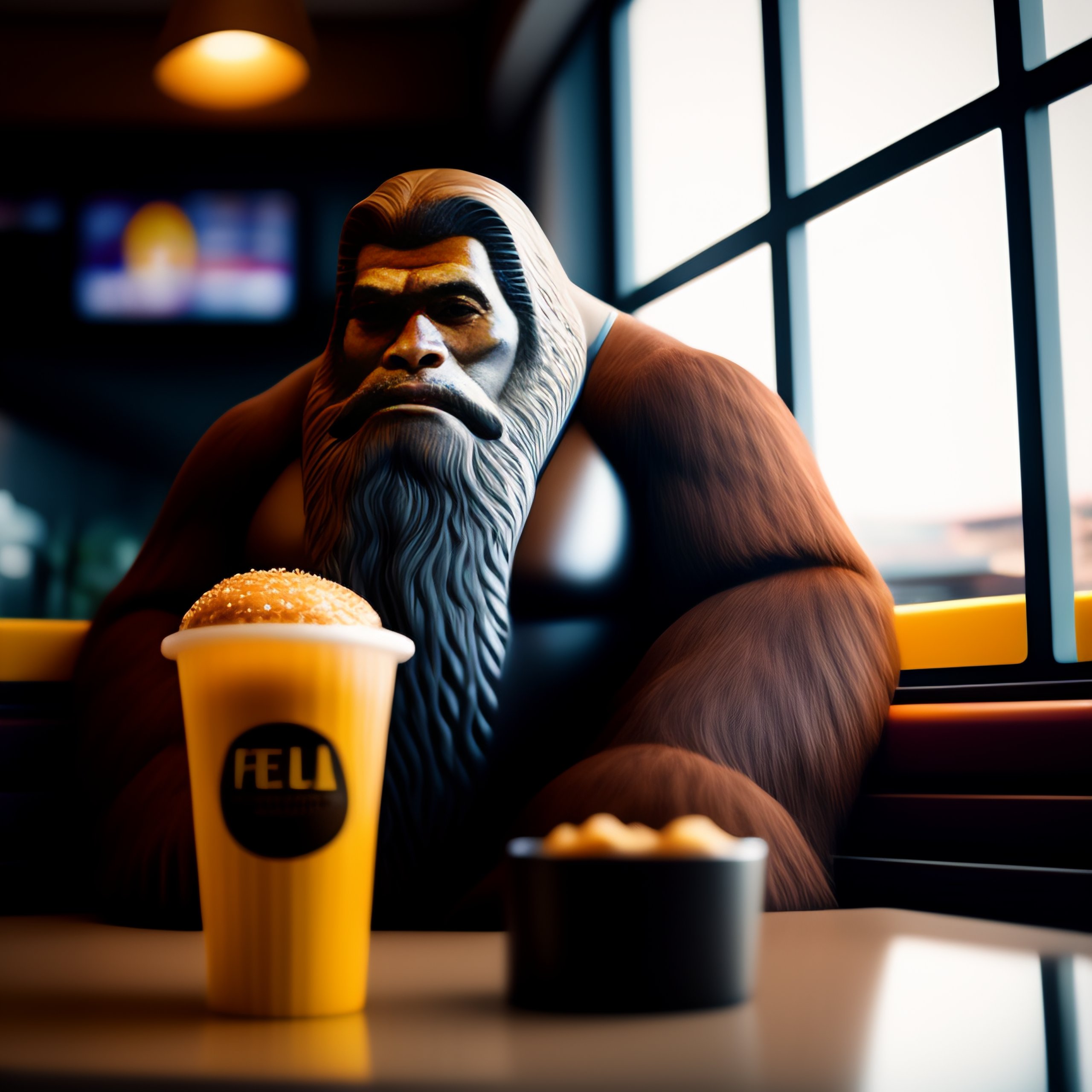 Lexica - Bigfoot sitting in McDonald's, hyper realistic, depth of field ...