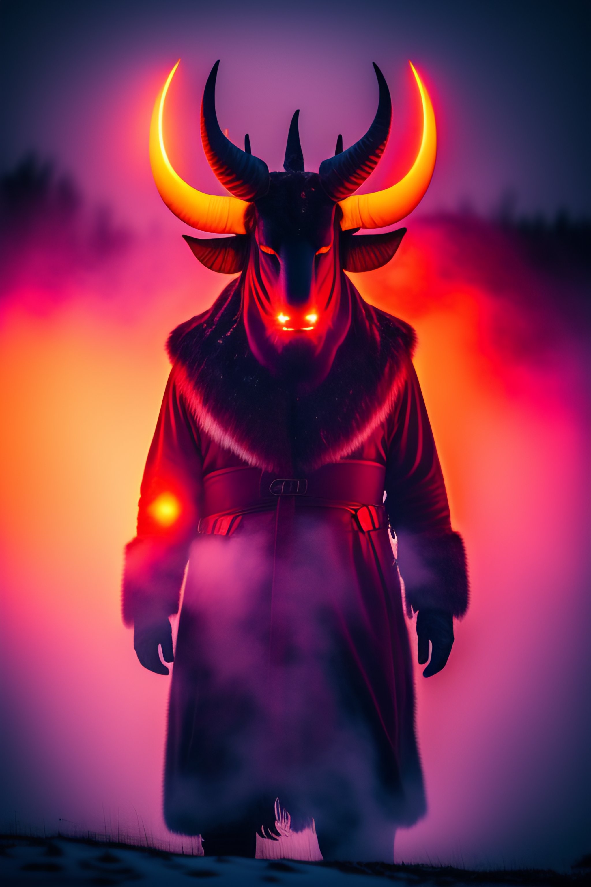 Lexica - Extreme wide angle long shot of a scary horned mysterious man ...