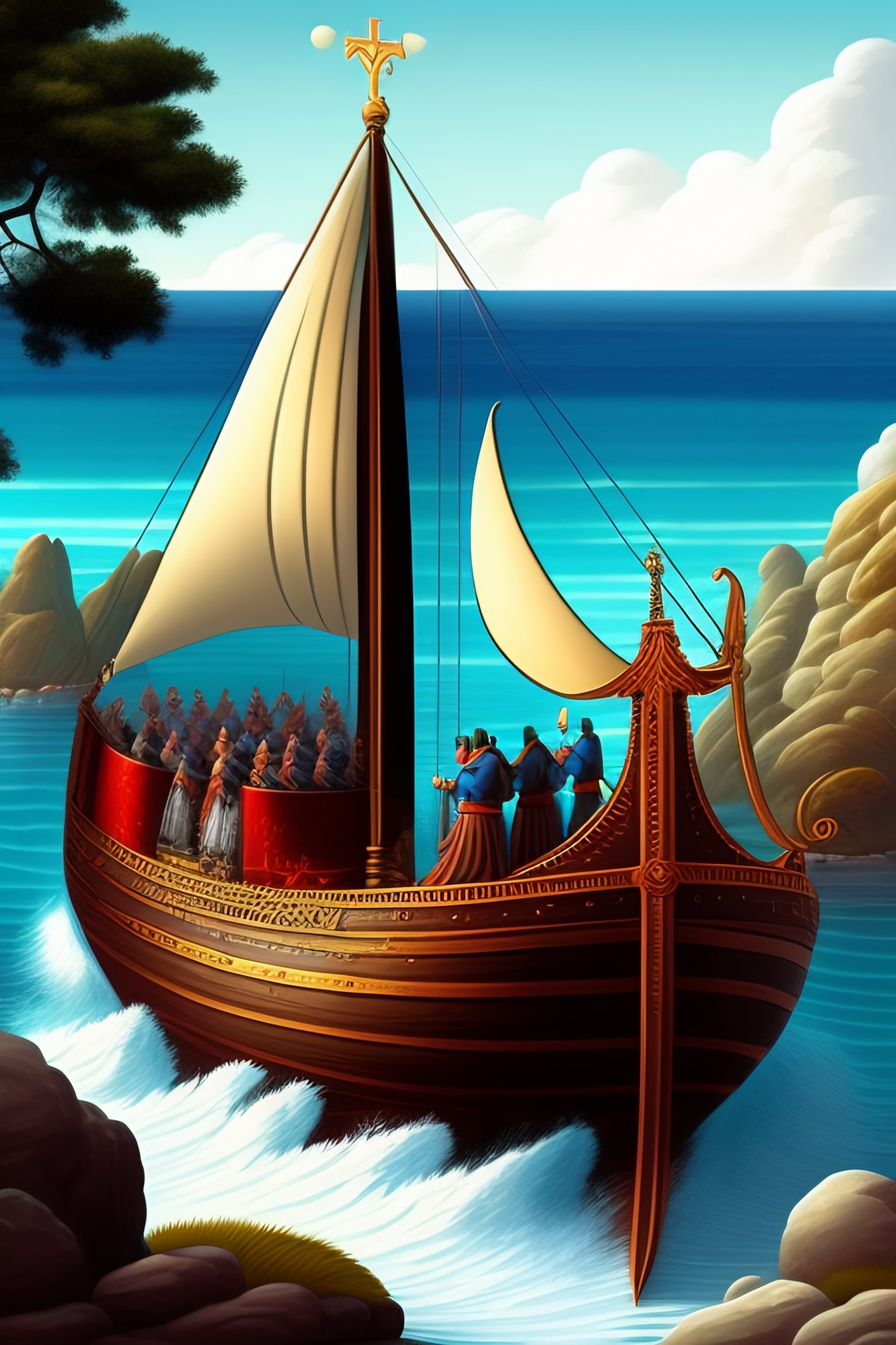 Lexica - Cartoon of a medival ship with legendary sailors: colombus, a ...