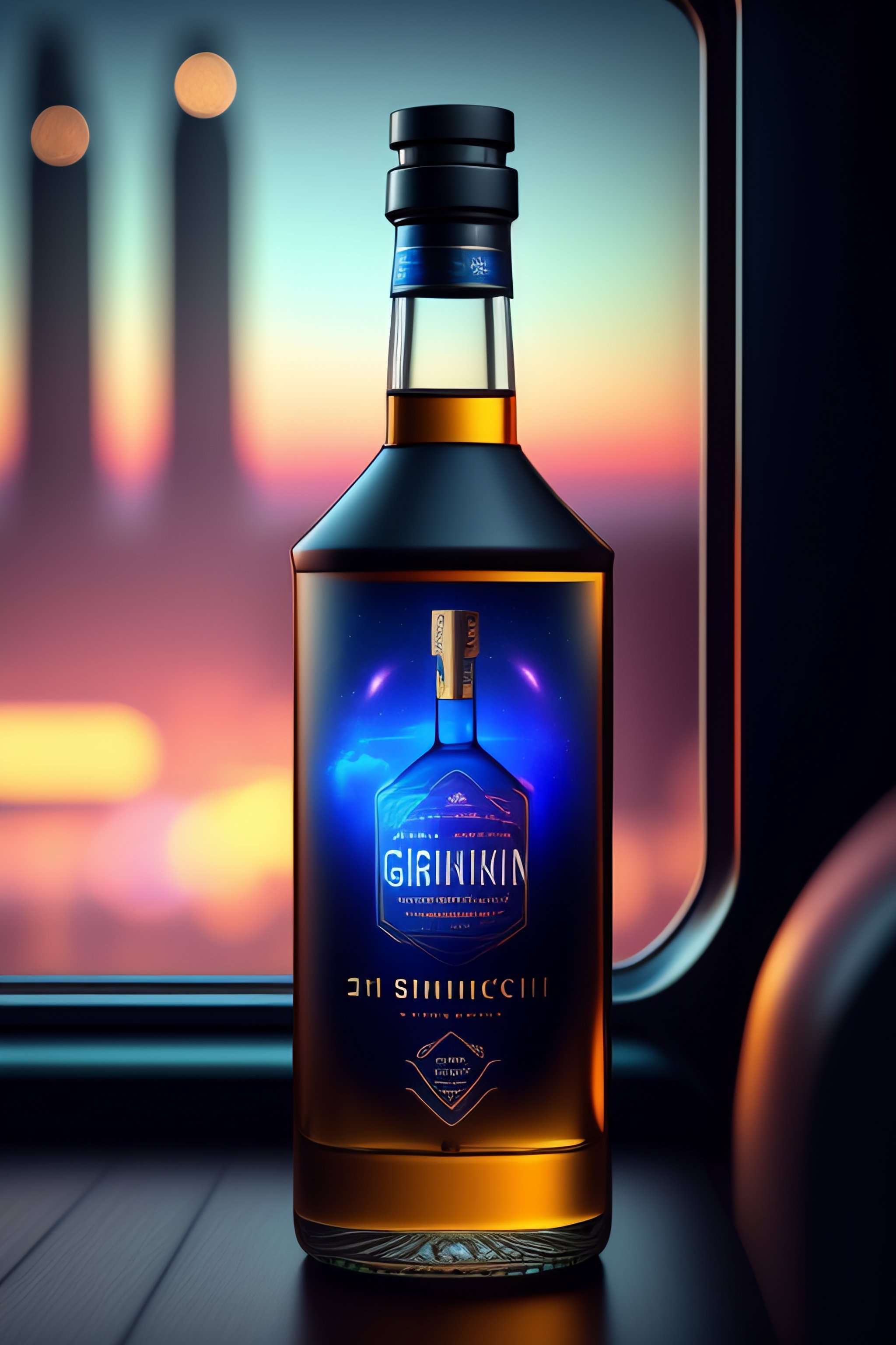Lexica - Image of a bottle of gin on the deck of a spaceship with a ...