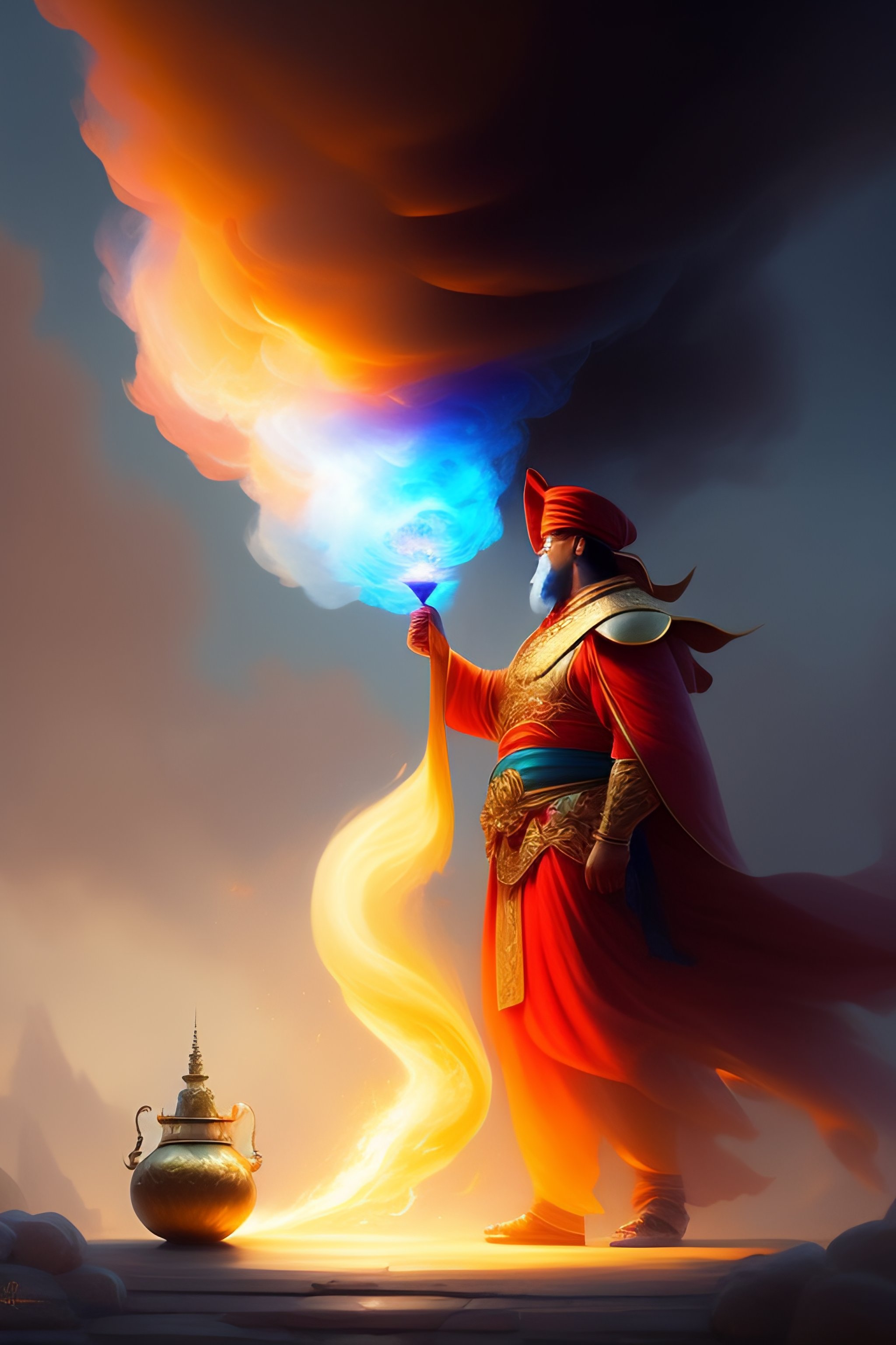 Lexica - A magic lamp from which a genie emerges, powerful genie in a ...