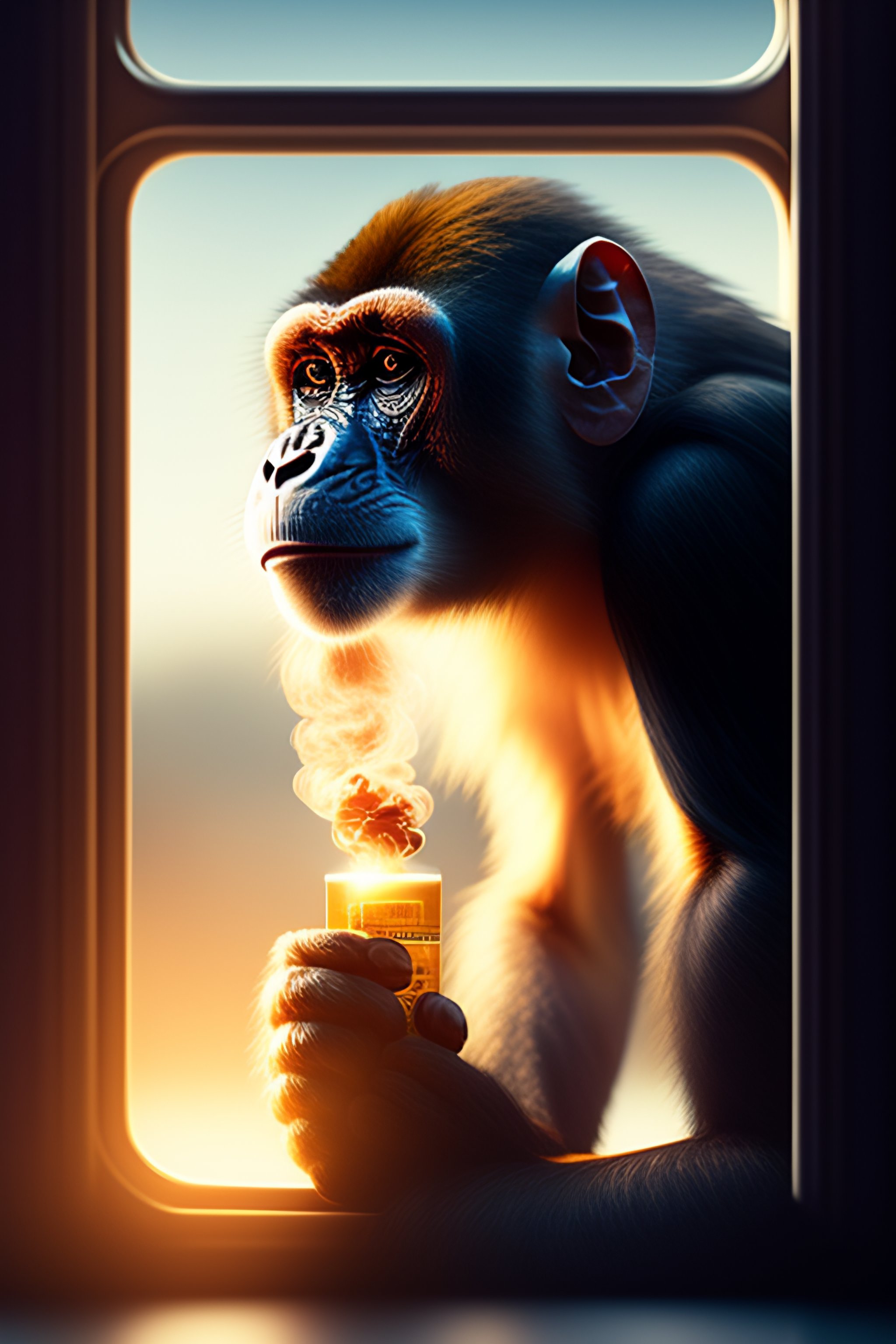 Lexica - A monkey on window at space ship looking to earth smoking a ...