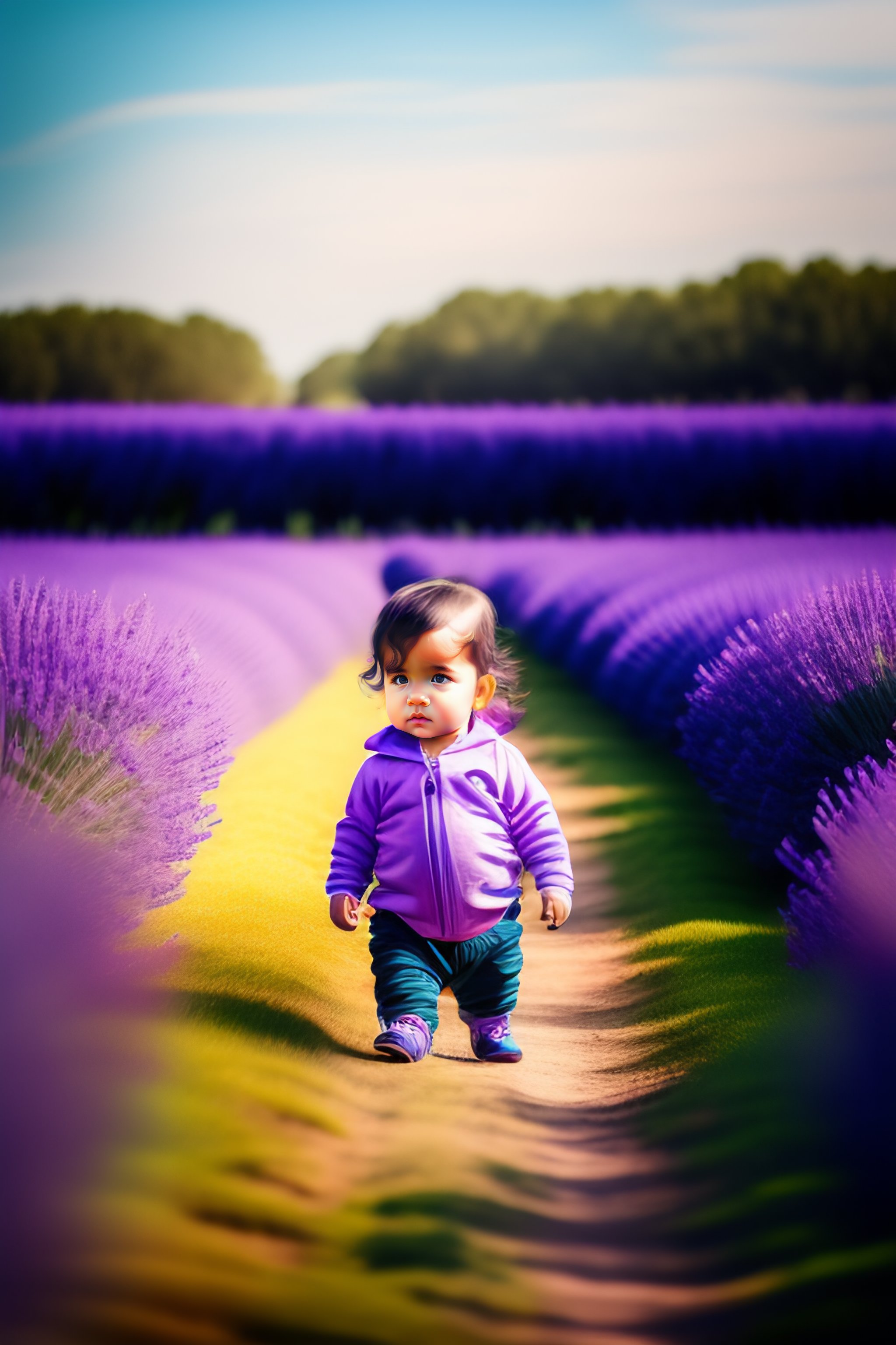 Lexica - Female baby in field of lavender, distant, facing towards ...