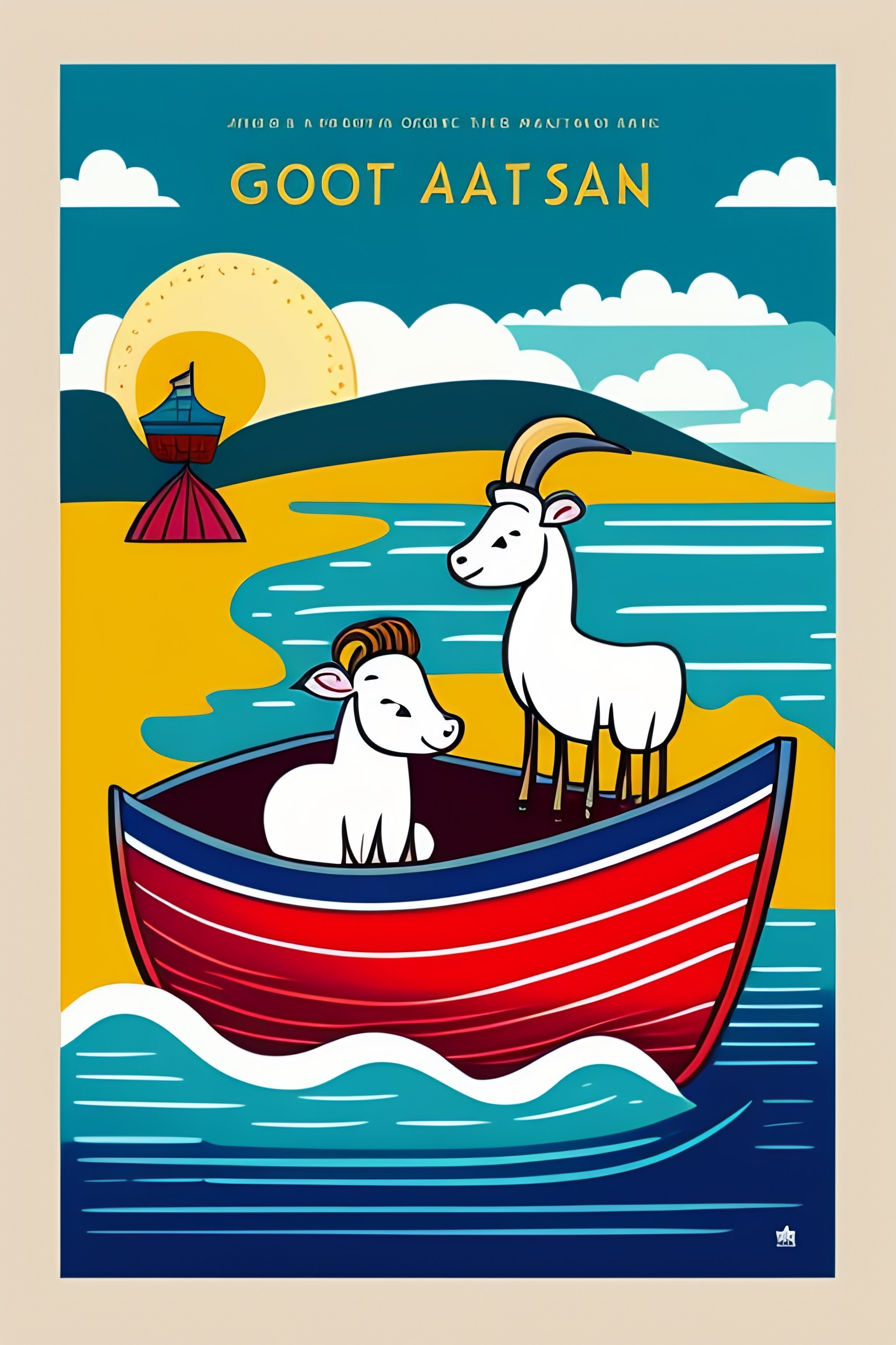 Lexica - Cartoon goat with a boat at sea in the sun book cover with ...