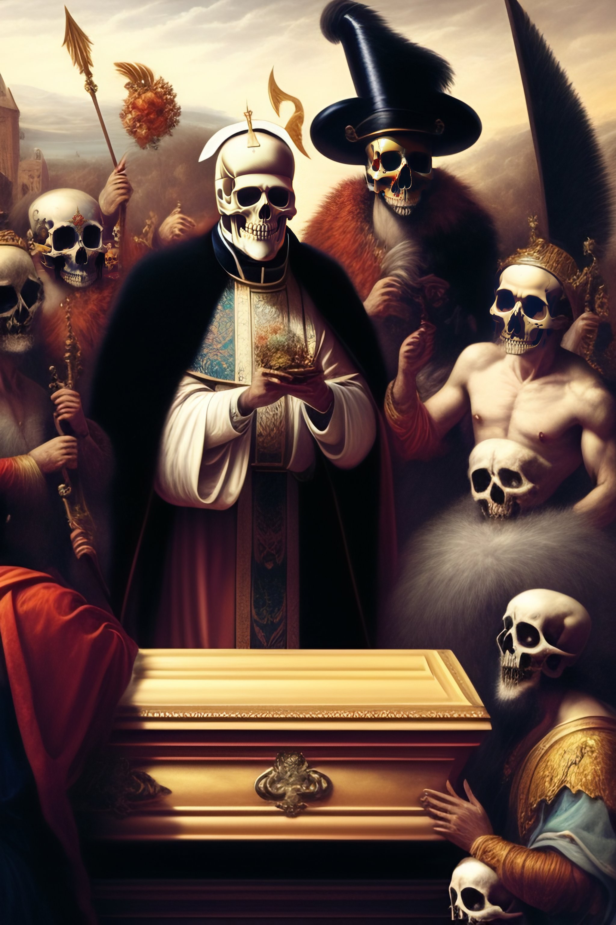 Lexica - A dead pope with a skull face rotting in a coffin, surrounded ...