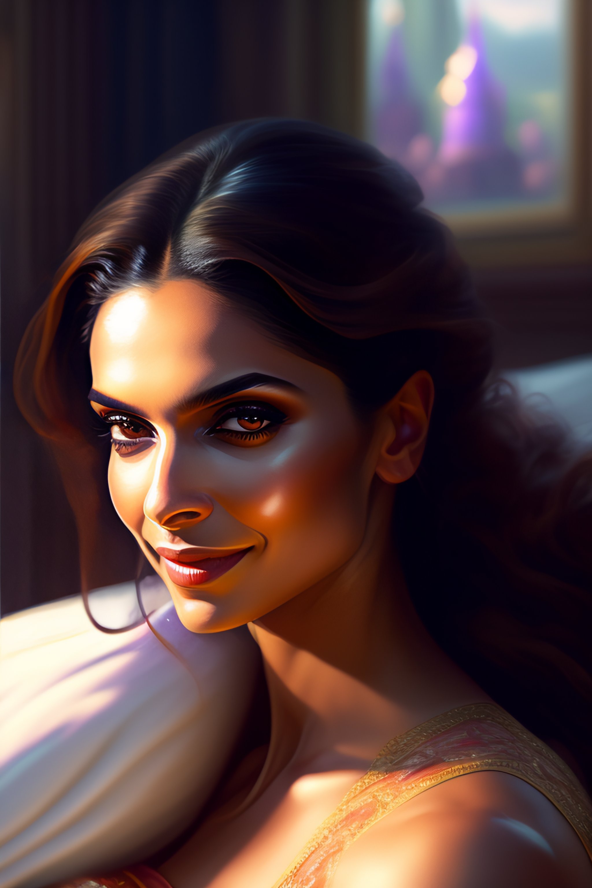 Lexica - Deepika padukone lying on bed staring at the camera smirking ...