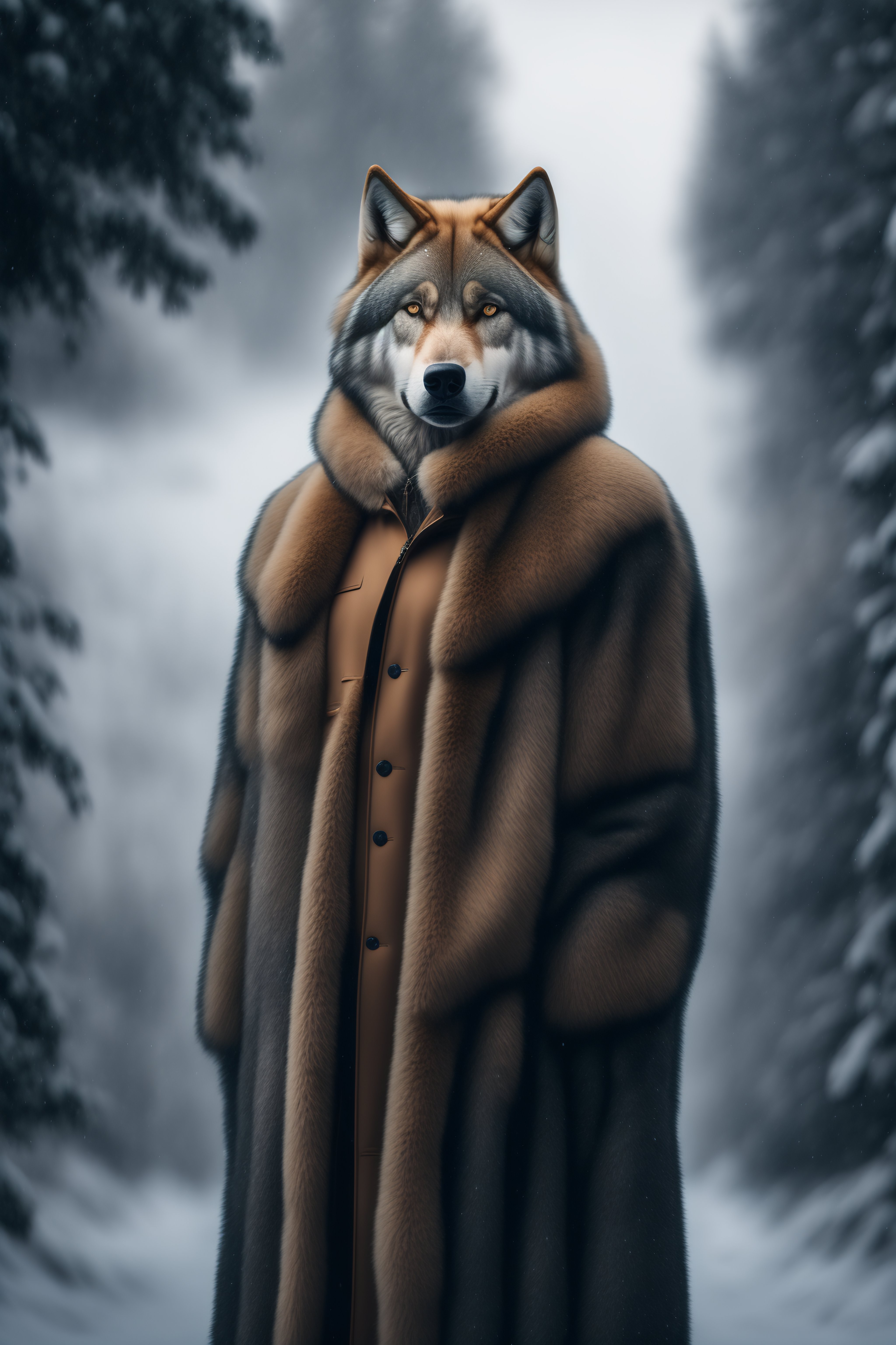 Lexica - Human gray wolf standing facing front wearing a fur coat