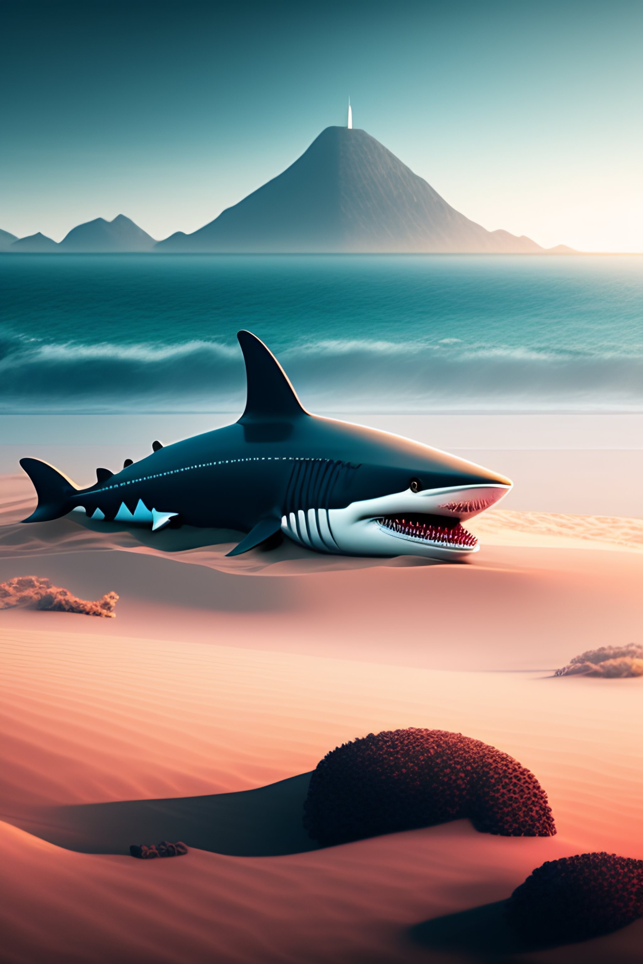 Lexica - Shark with one jaws laying in the sand on a beach with foggy ...