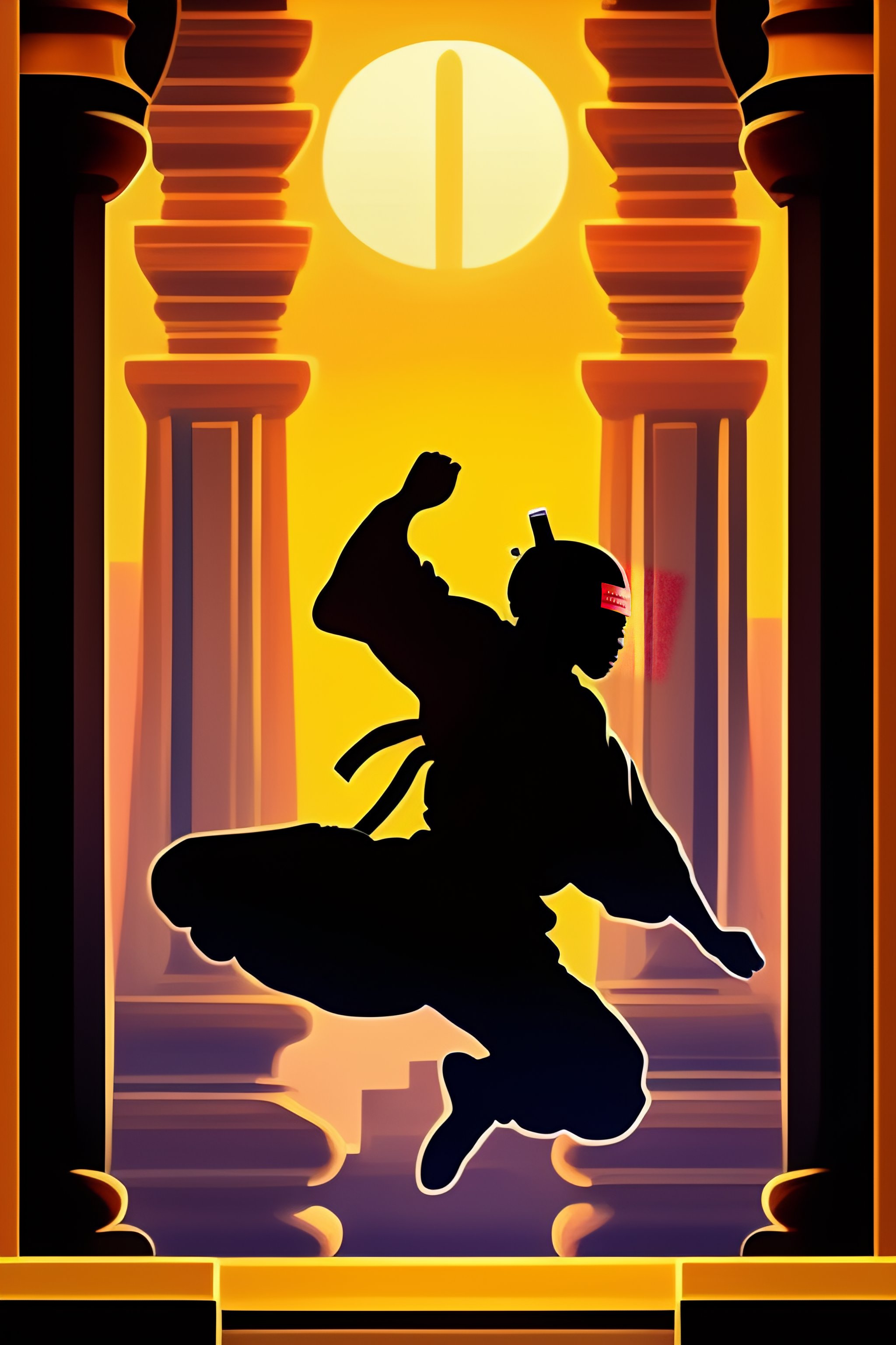 Lexica - Three Brave Black Ninja doing a back flip in the temple