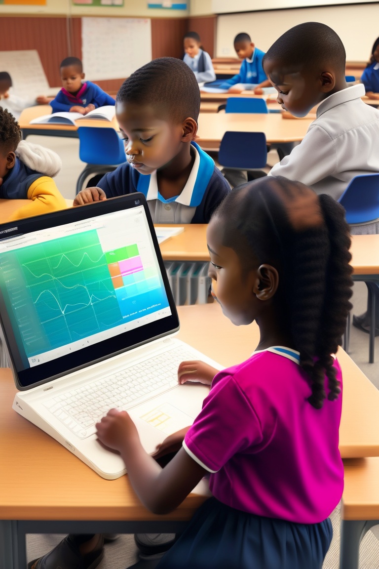 Lexica - In a classroom a student learning math from a computer, while some students help each ...