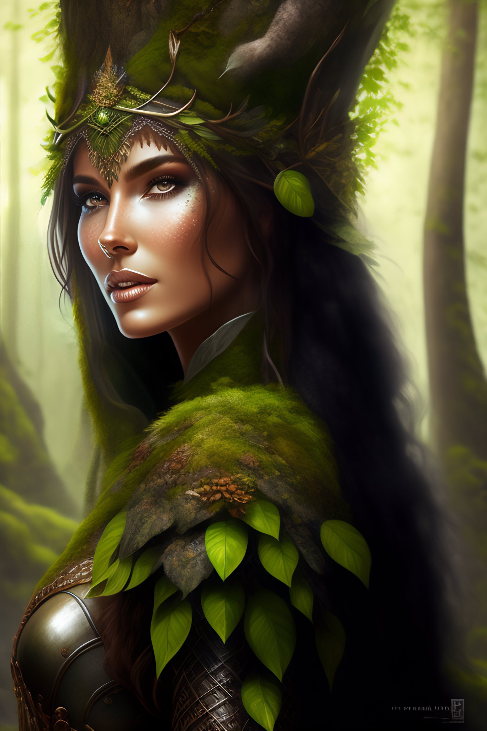 Lexica - Photorealistic, Dryad with skin of moss and armor of bark ...