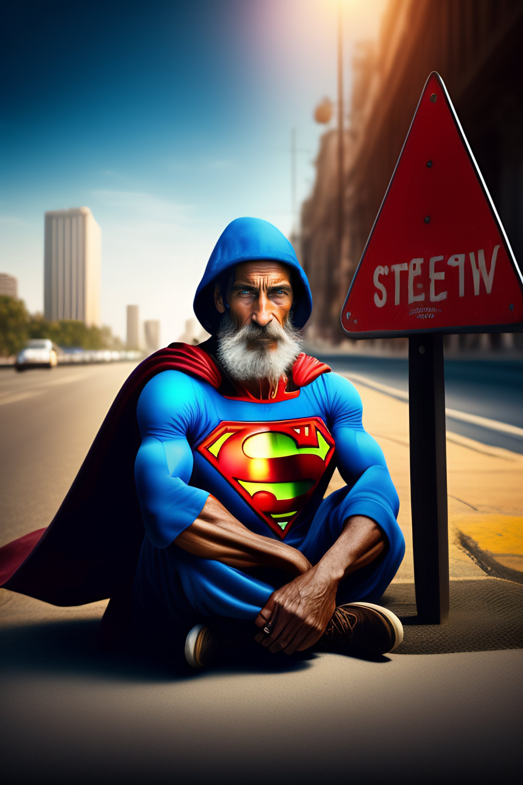 Lexica - Poor beggar. homeless on the street. cardboard sign. superman