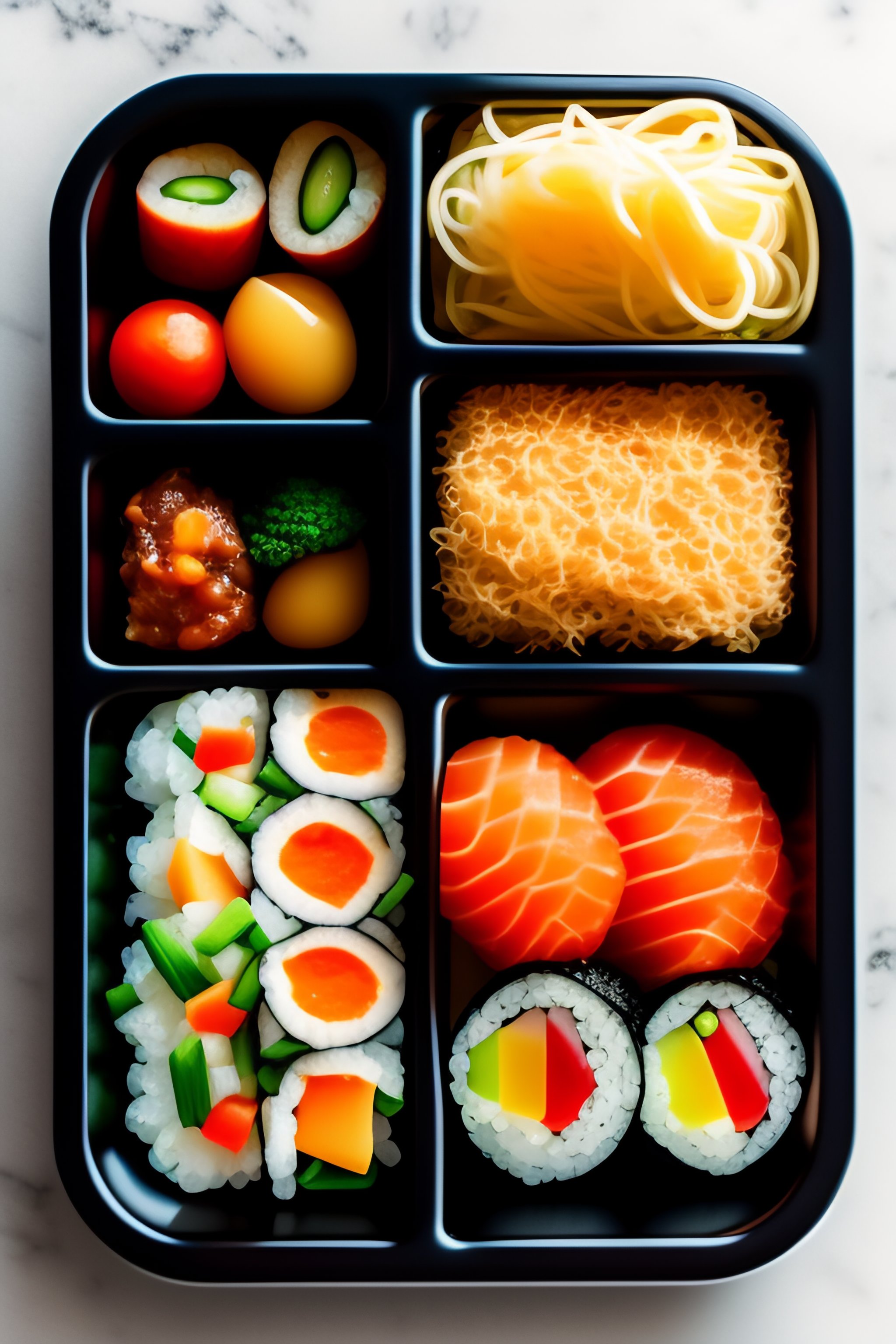 Lexica - Bento box with sushi, onigiri, and noodles
