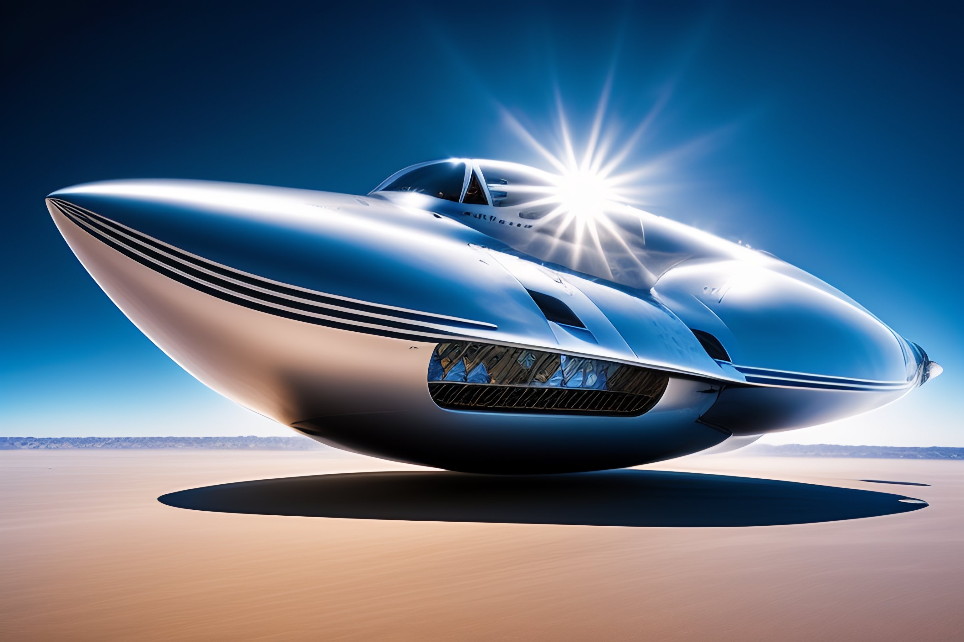 Lexica - Shell-shaped silver spaceship dogfighting in the blue sky