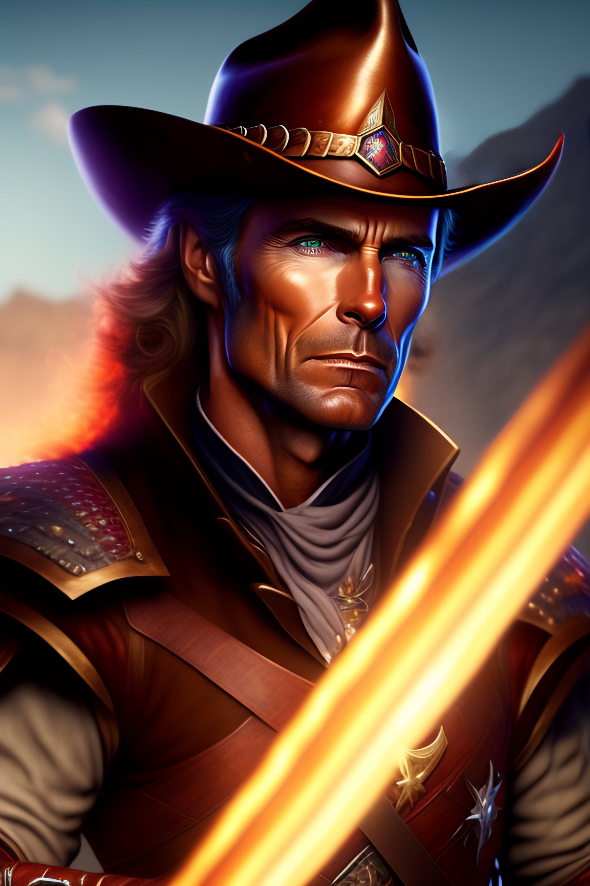 Lexica - Male spellslinger cowboy, in fantasy light armor, with hat. He ...
