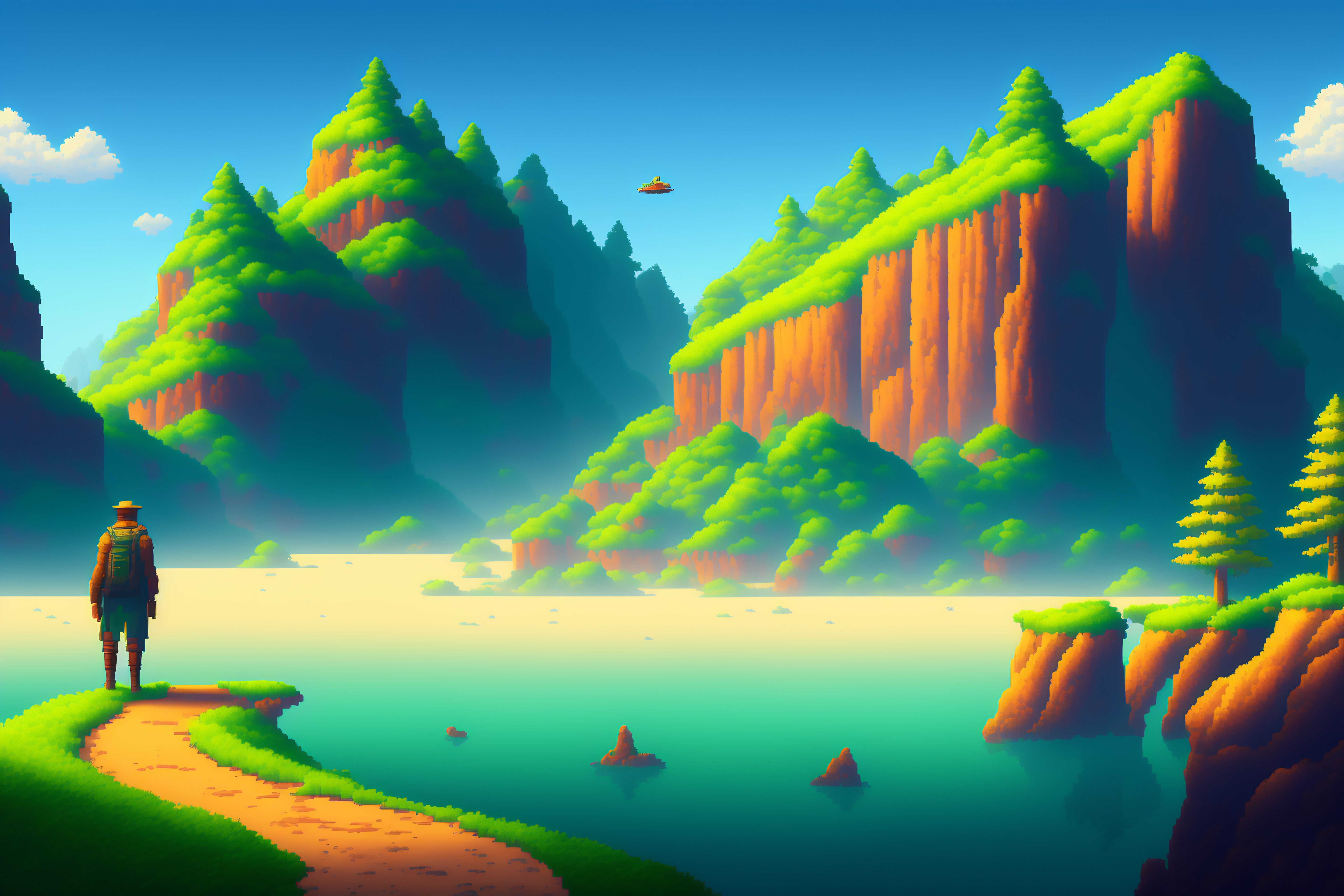 Lexica - Pixel art, lead charecter looking at the path ahed of him, uhd