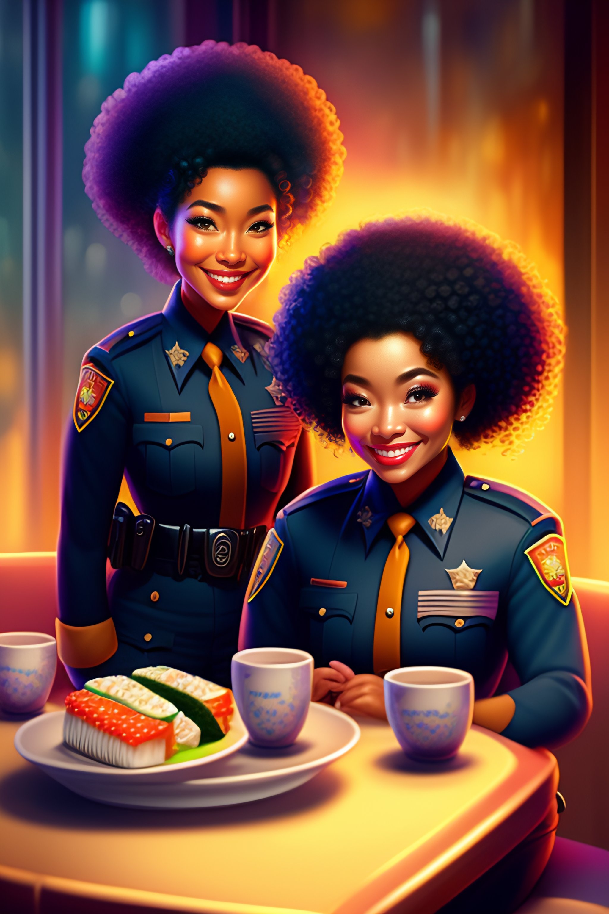 Lexica - Pixar art of two smiling police girls with curly hair eating ...
