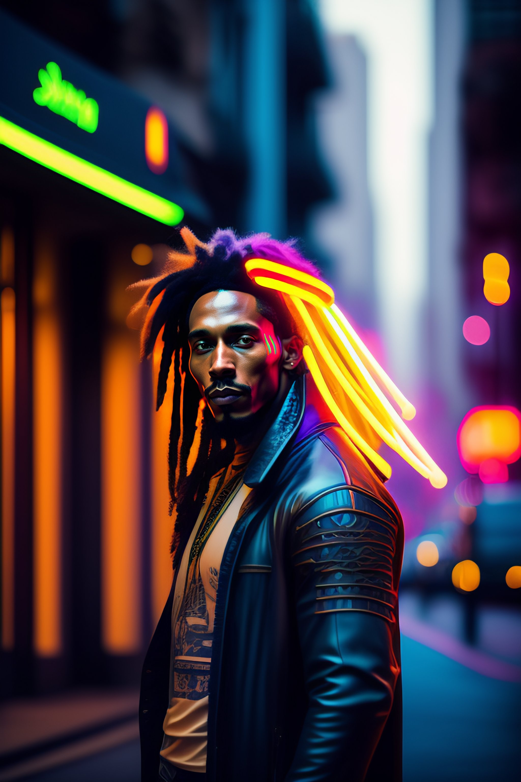 Lexica - Slow shutter speed photo of a cyberpunk bob marley with neon ...