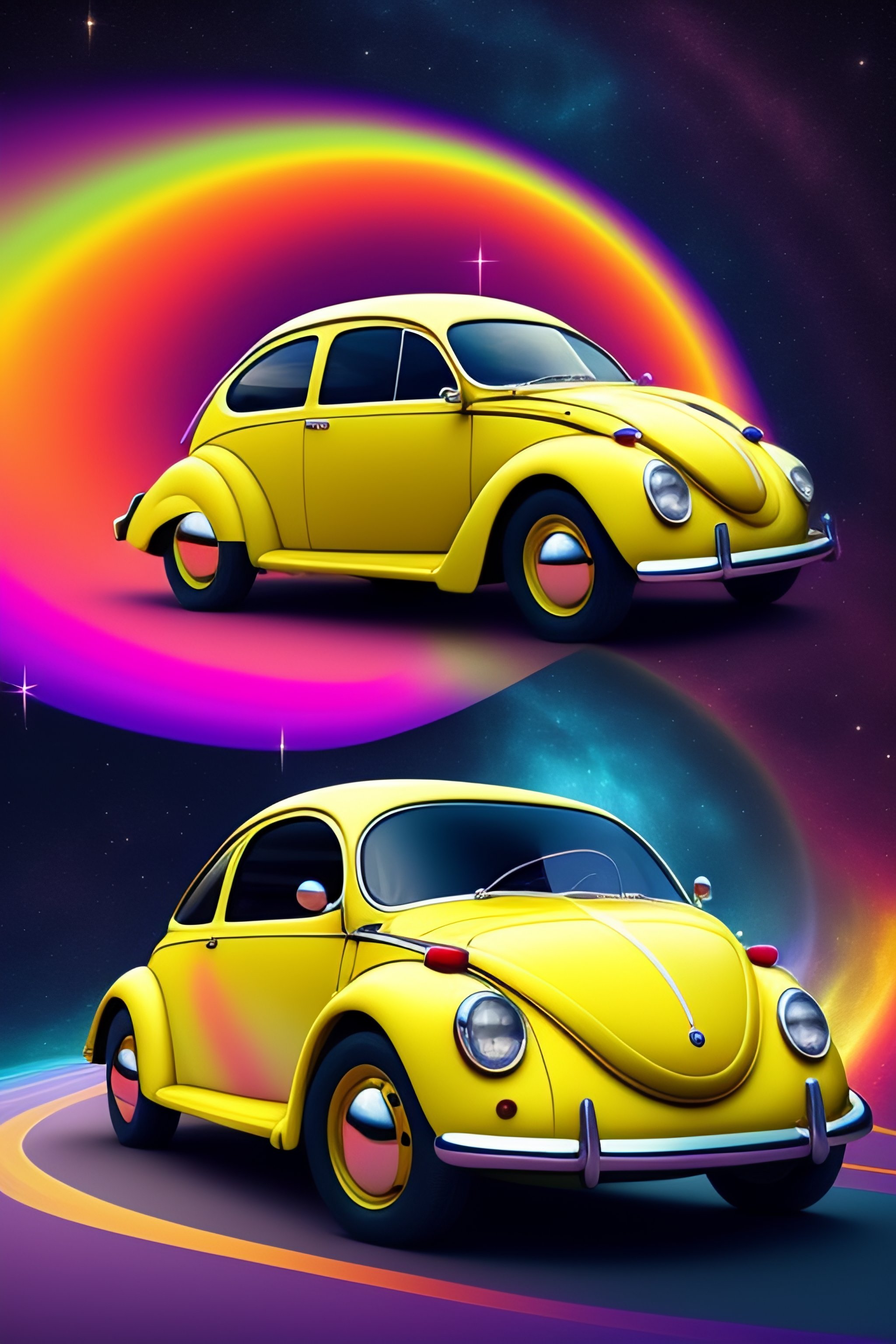 Lexica - 1960s yellow voltswagen bug driving on a rainbow road in space ...