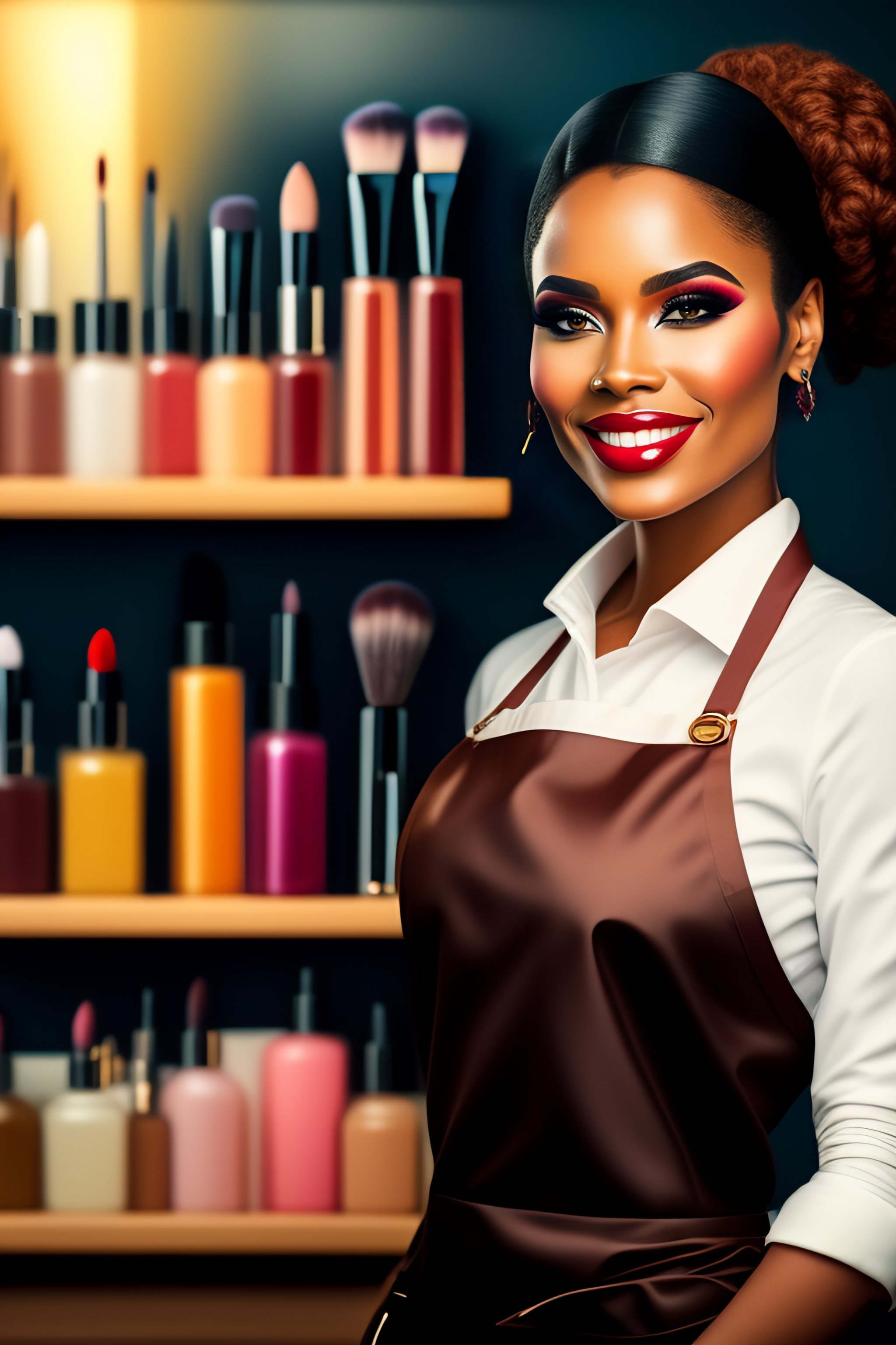Lexica - Makeup artist, makeup, lipstick, woman apron, brushes ...